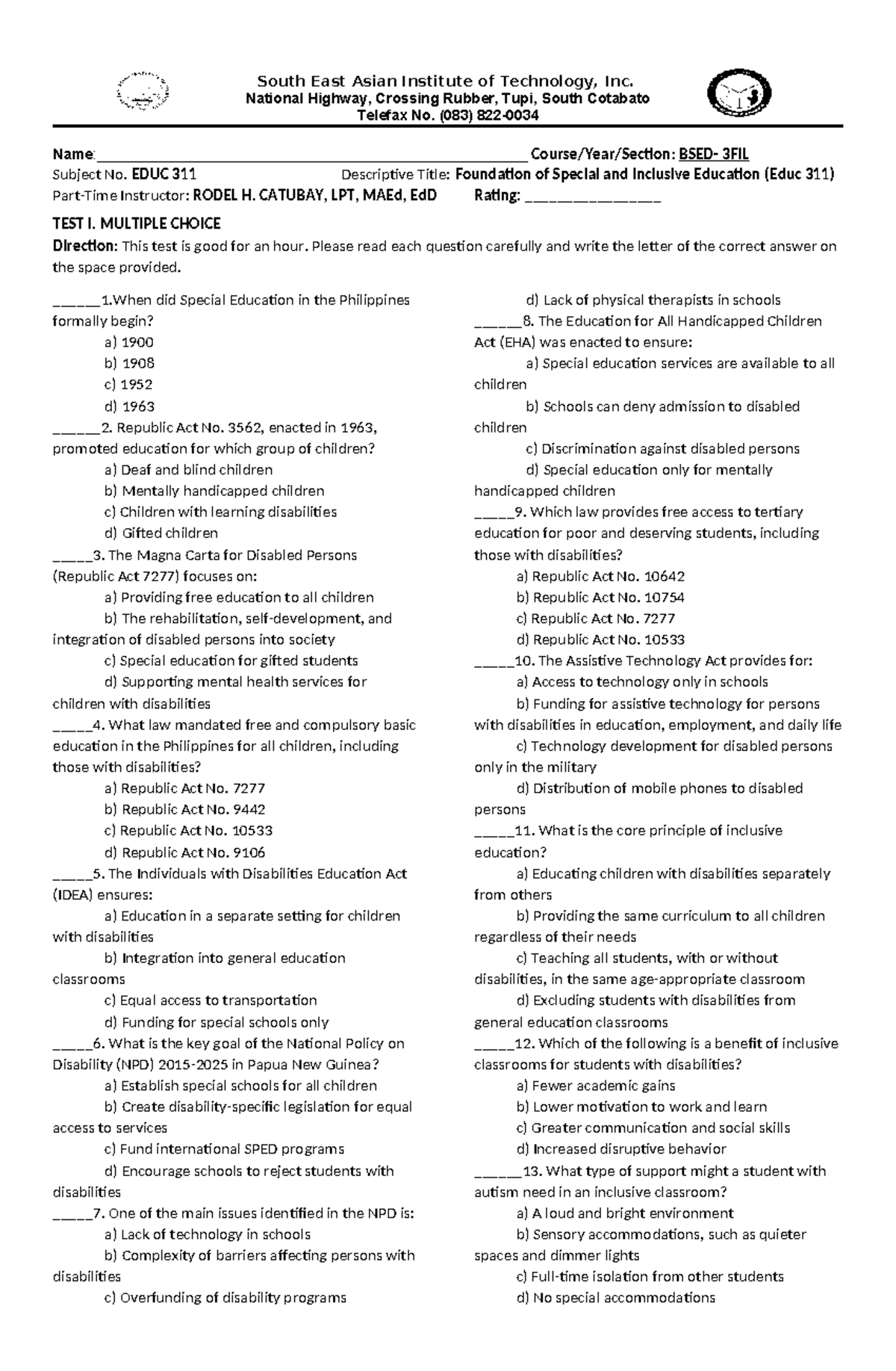 EDUC 311 Midterm Exam: Foundations of Special & Inclusive Education ...