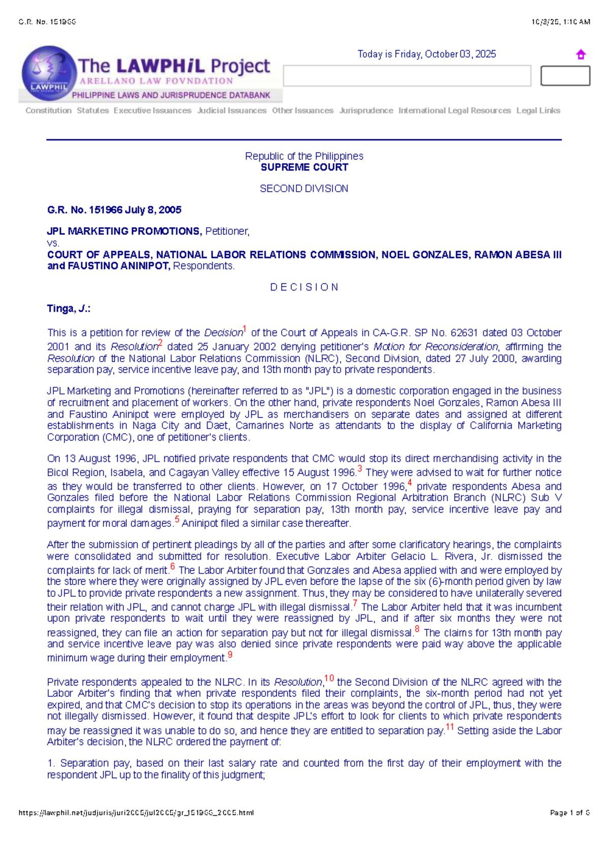 G.R. No. 151966 - JPL Marketing Promotions vs. NLRC: Separation Pay Case - Studocu
