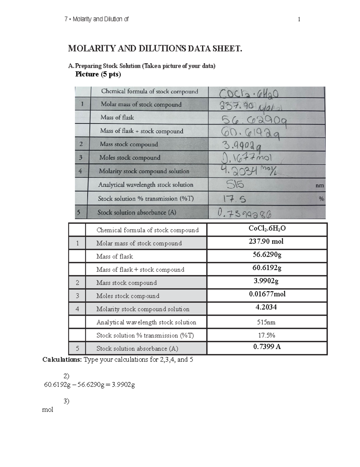 Exp 7: Molarity and Dilutions Data Sheet and Calculations - Studocu