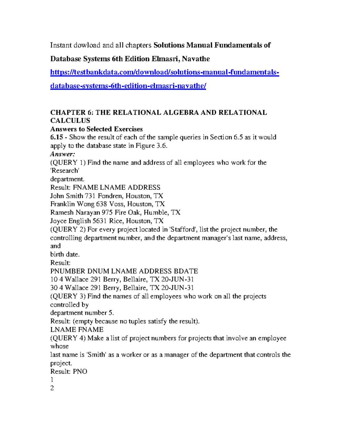 351456131 Solutions Manual for Database Systems 6th Ed. - Queries & Answers - Studocu