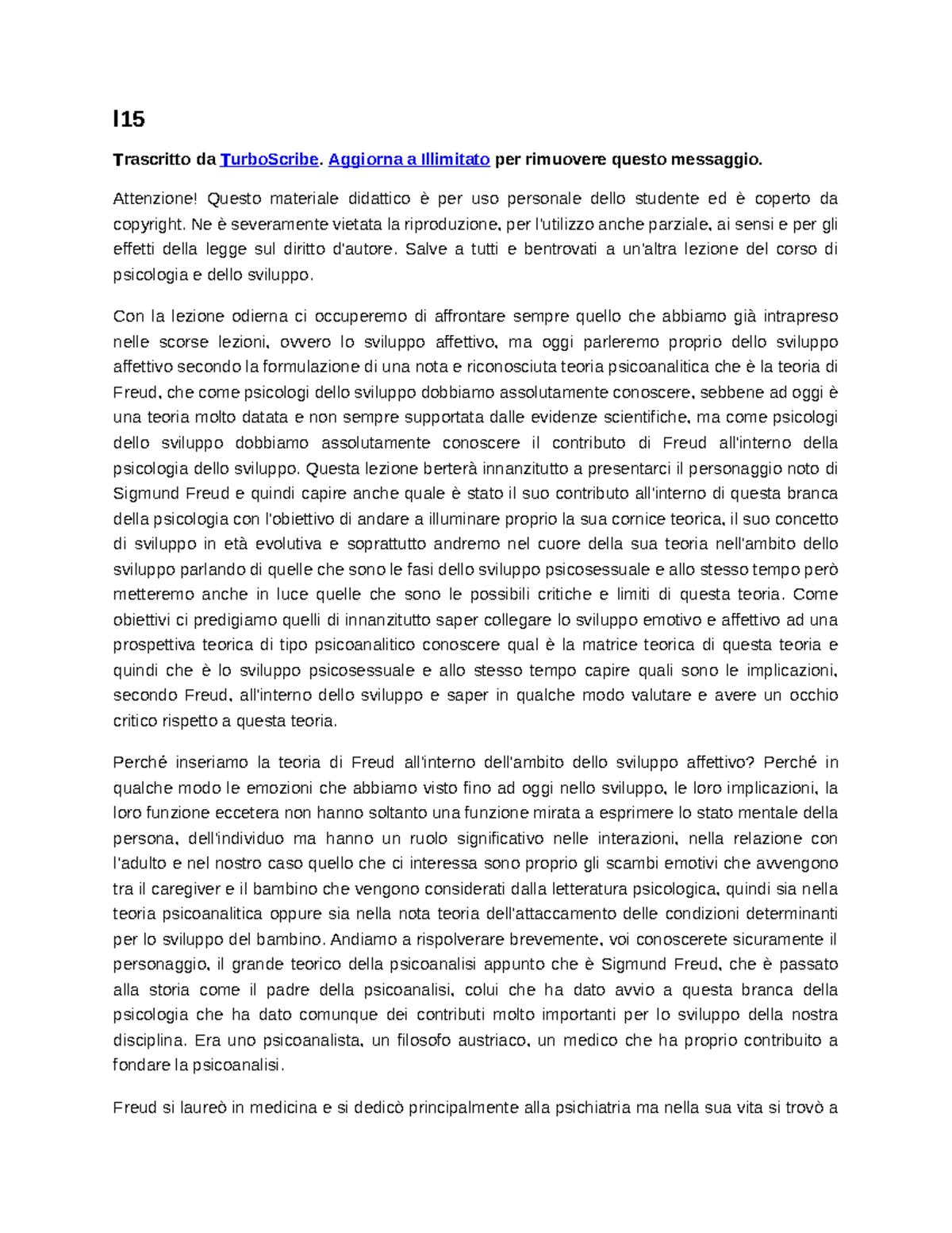 Lezione di Psicologia: Sviluppo Affettivo e Freud - Studocu