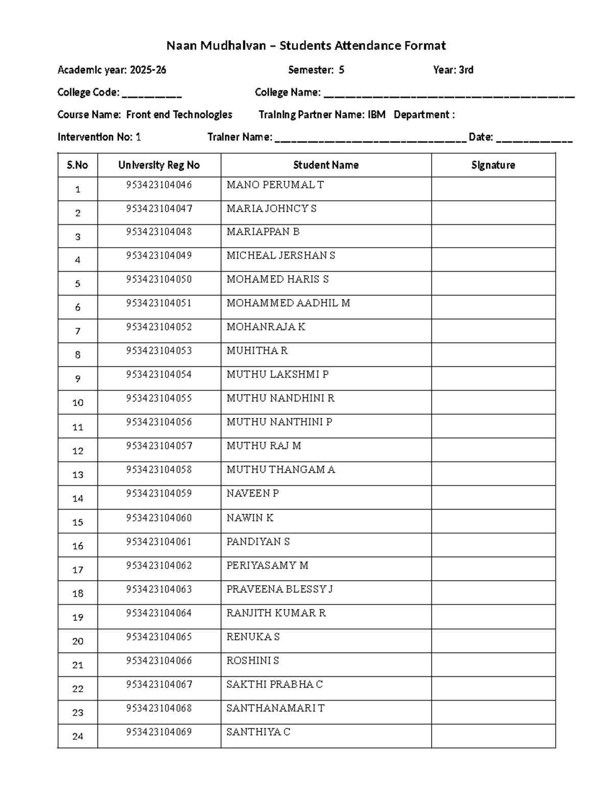 Naan Mudhalvan Attendance Format - Front End Tech Training - Studocu