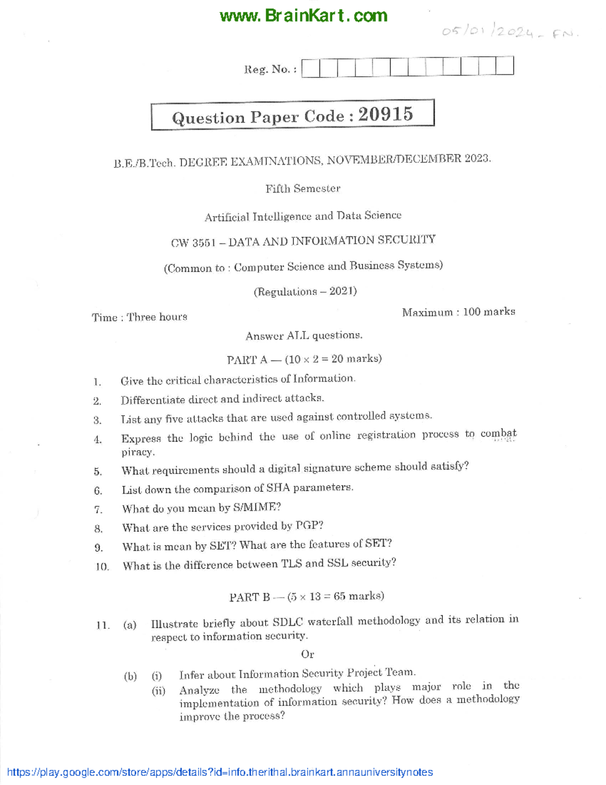 Data and Information Security - CW3551 2023 Nov Dec Question Paper ...