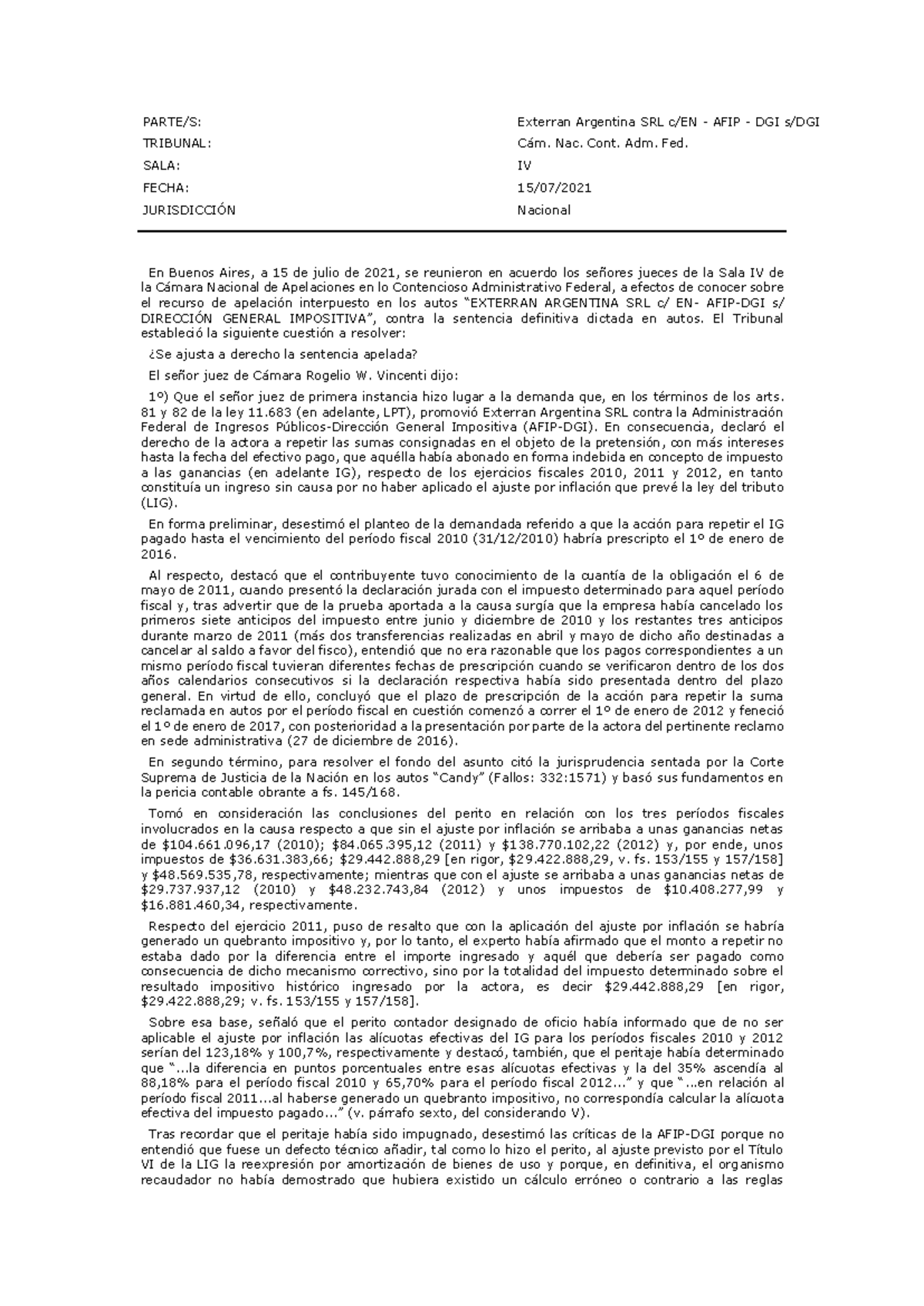 TP3 - Documento extra Cnacaf IV - Exterran Argentina SRL - Anticipos - Plazo para pedir ...