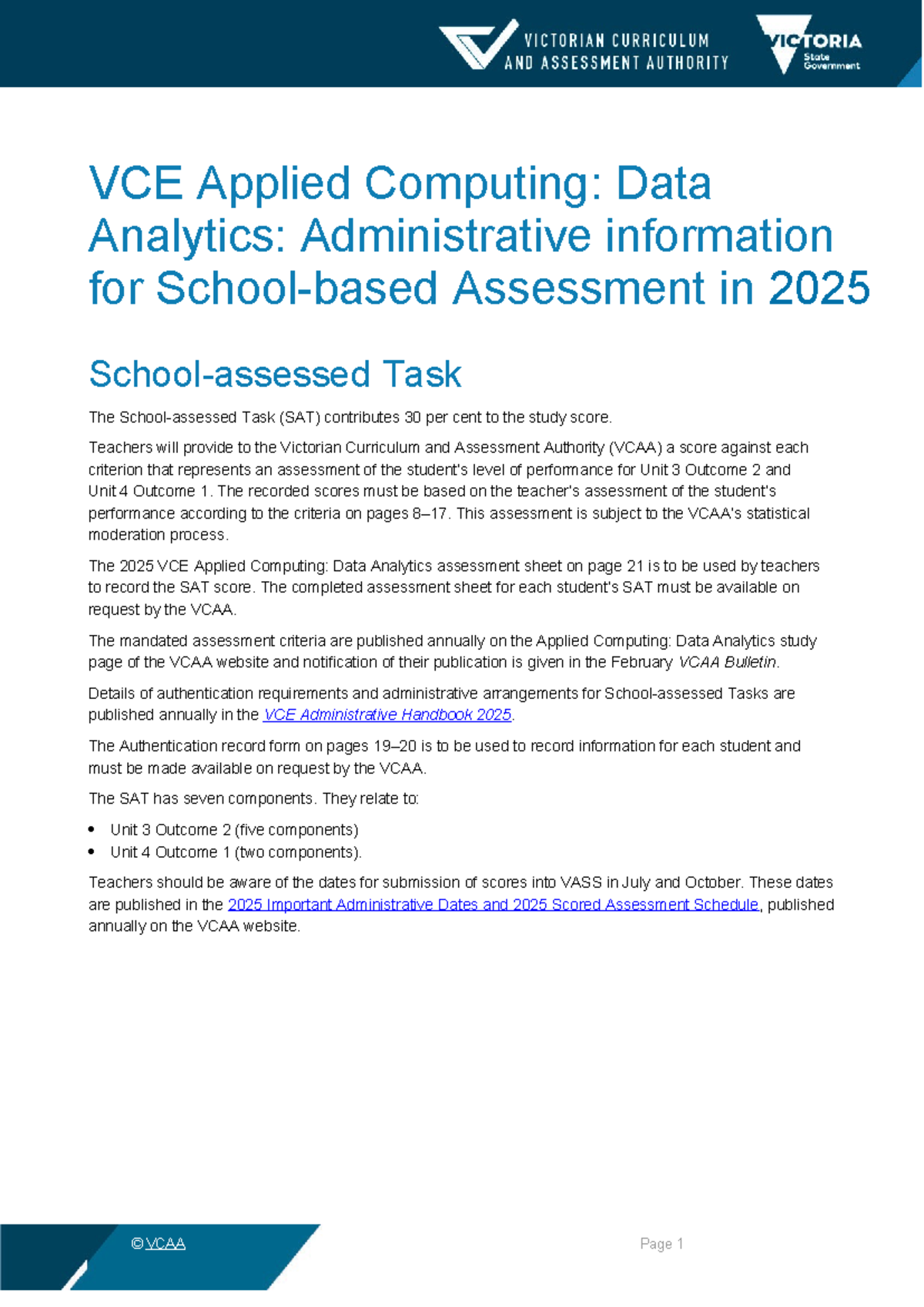 VCE Applied Computing: Data Analytics 2025 Assessment Overview and ...