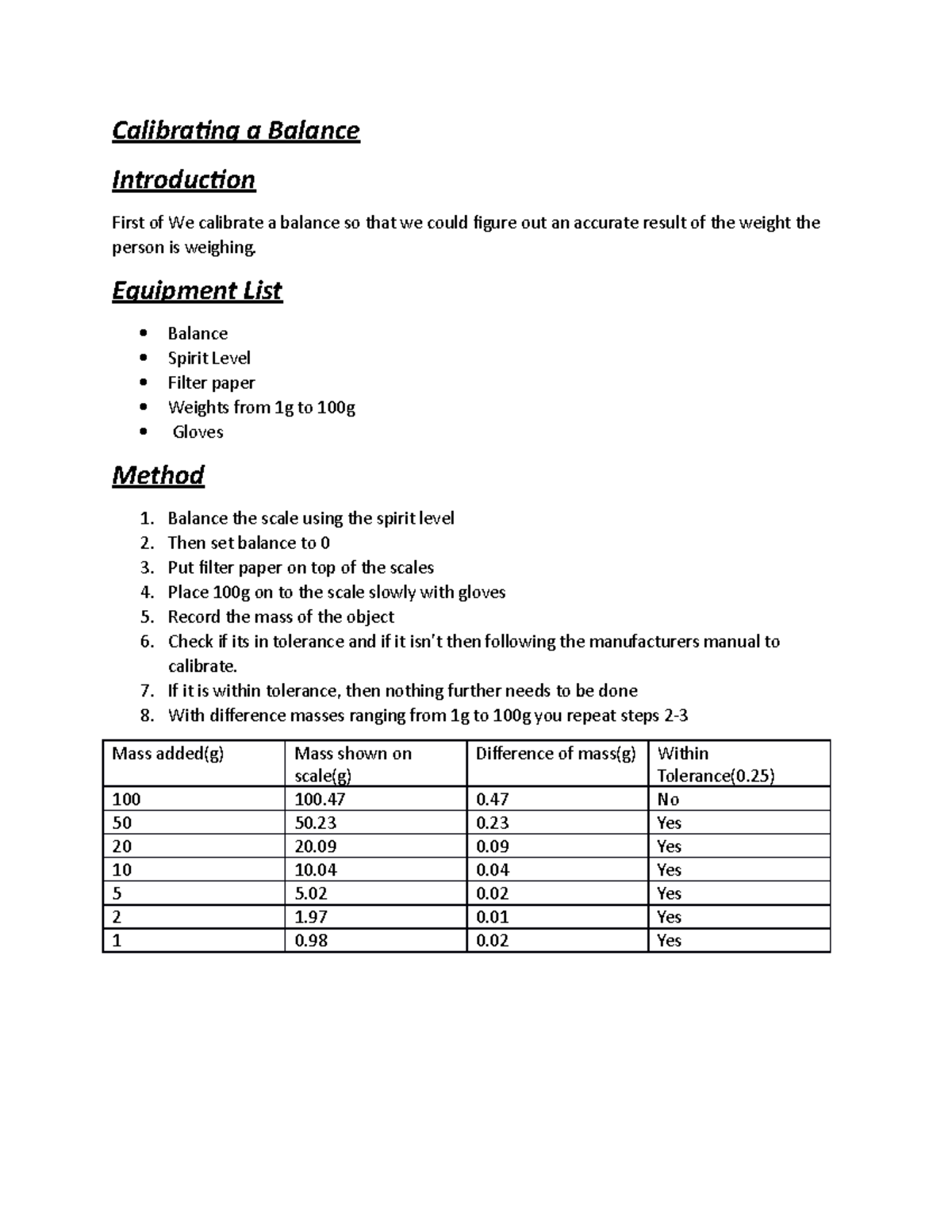Dominic example - applied science - Calibrating a Balance Introduction ...