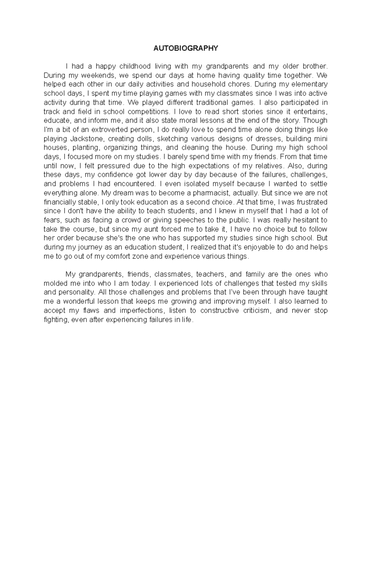 AUTOBIOGRAPHY: My Life Journey and Personal Growth - Studocu