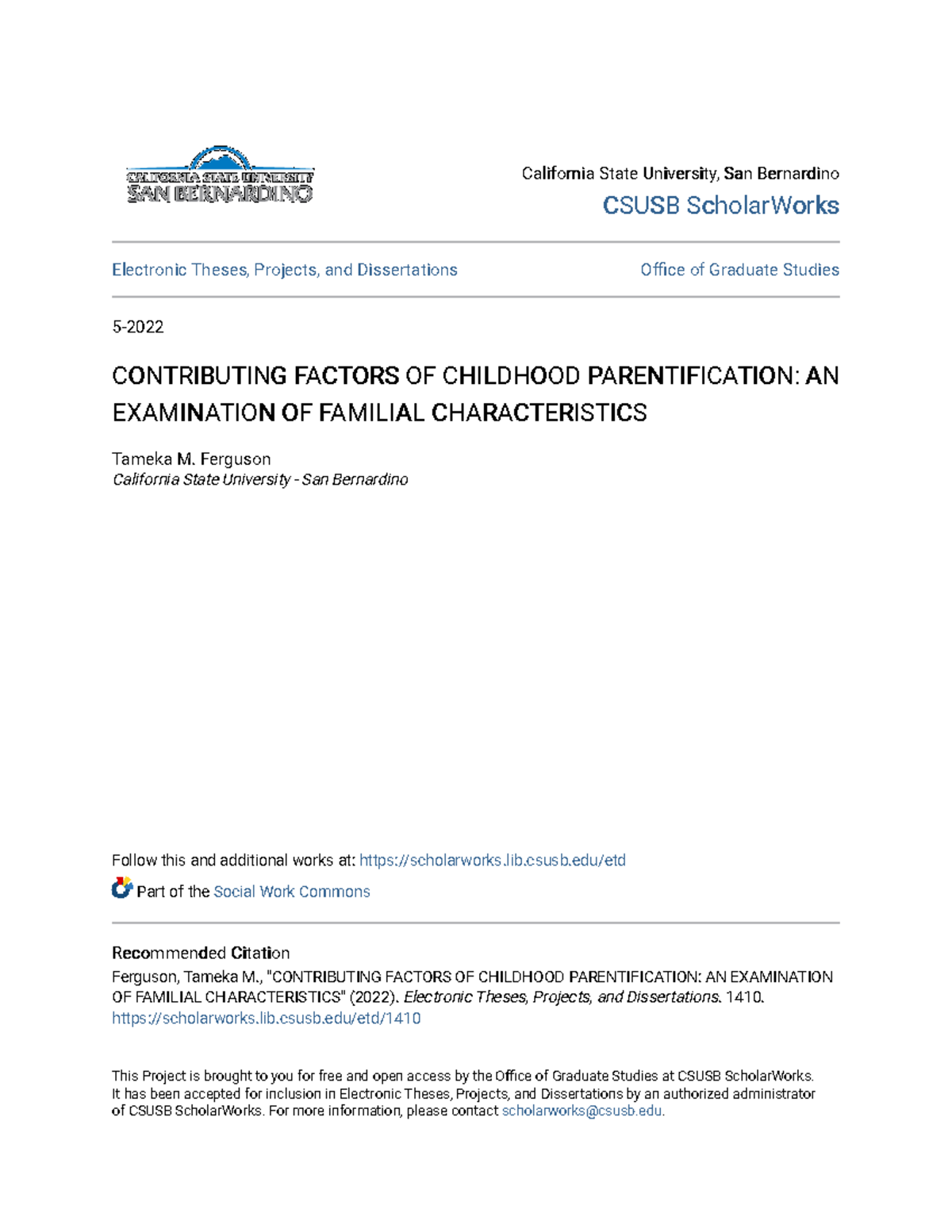 CSUSB MSW Project: Factors of Childhood Parentification Analysis - Studocu