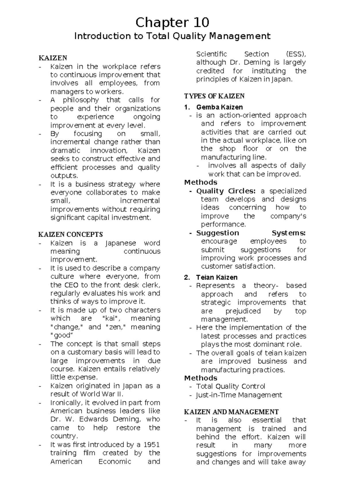 CBM 112 - C4 L10 - Lecture Notes on Total Quality Management & Kaizen ...