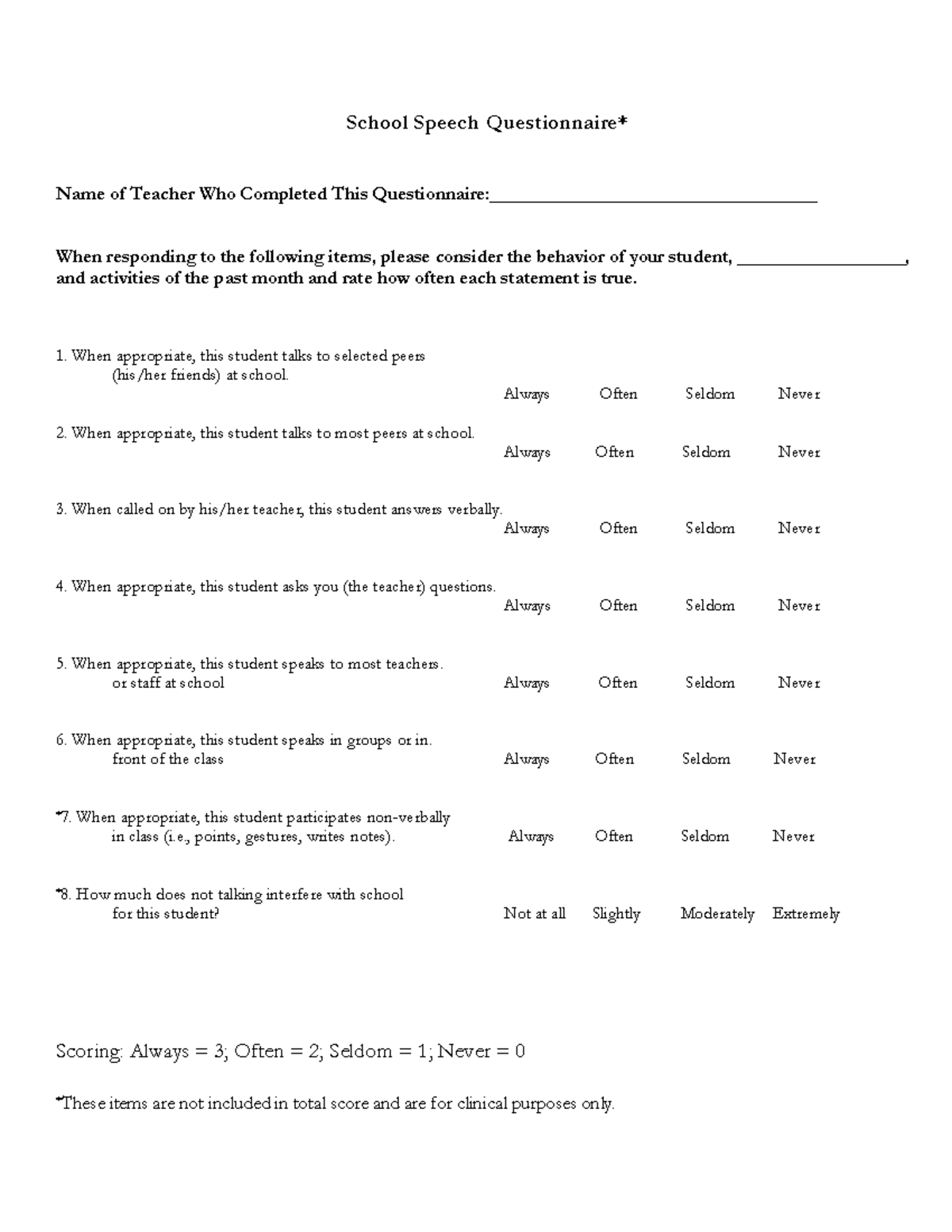 School Speech Questionnaire: Student Interaction Assessment - Studocu