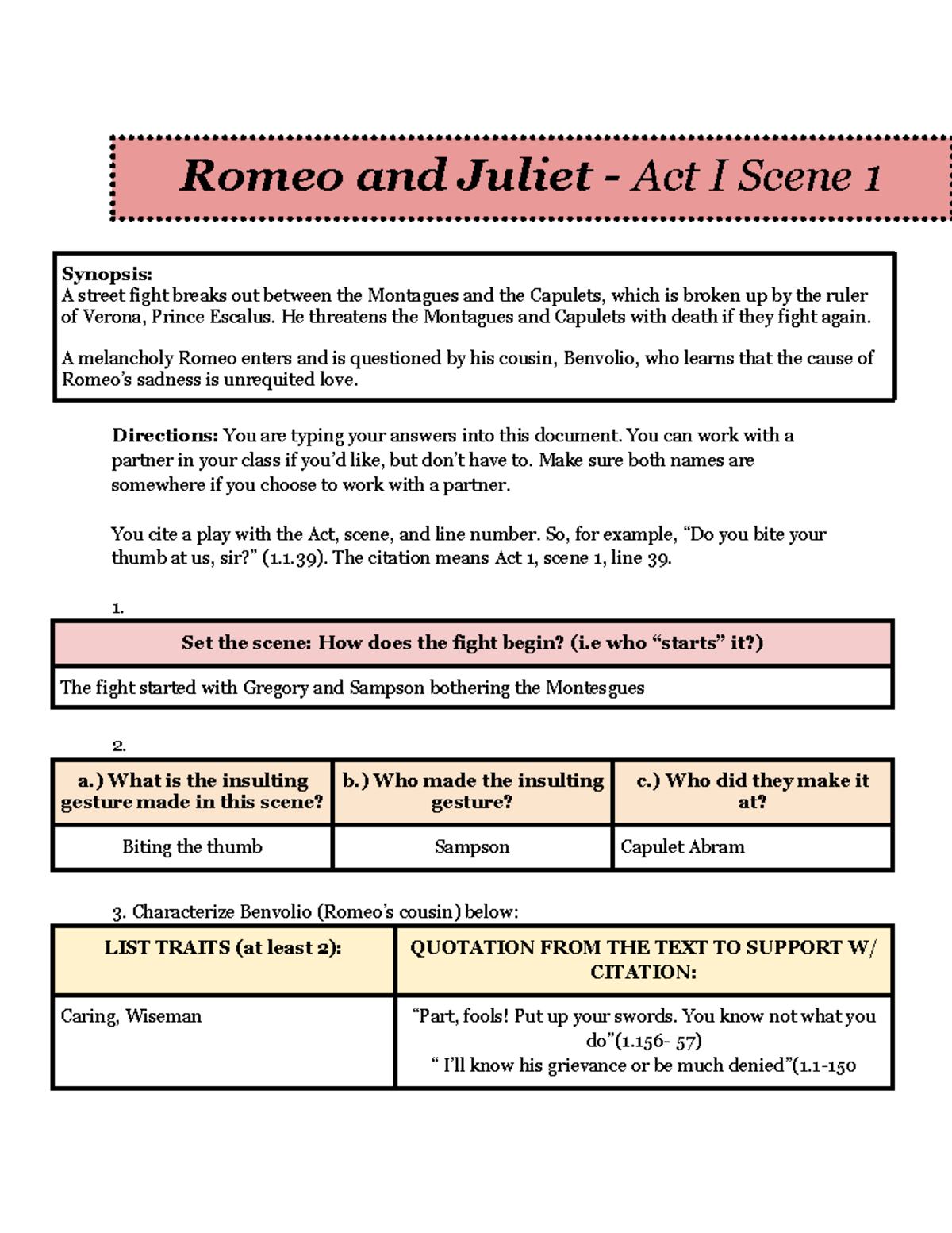 Romeo and Juliet (ENG 101) Act I Scene 1 Questions & Answers - Studocu