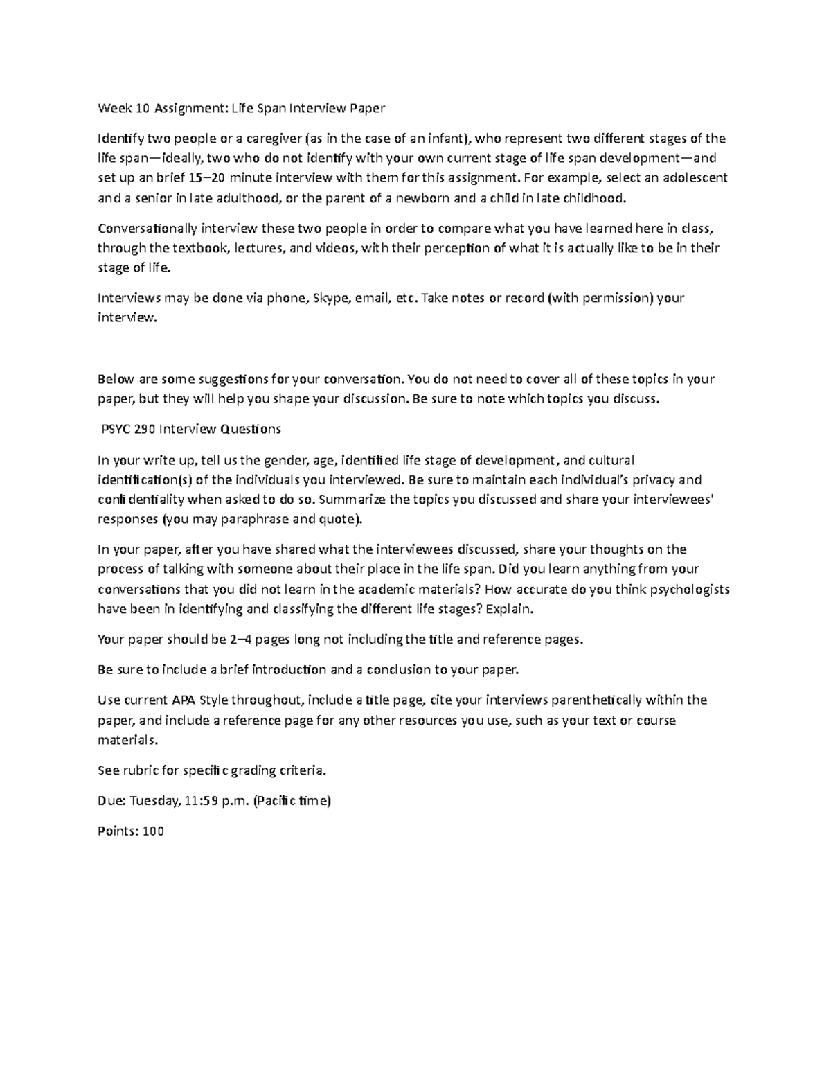 PSYC 290 Week 10 Assignment: Life Span Interview Paper Guidelines - Studocu