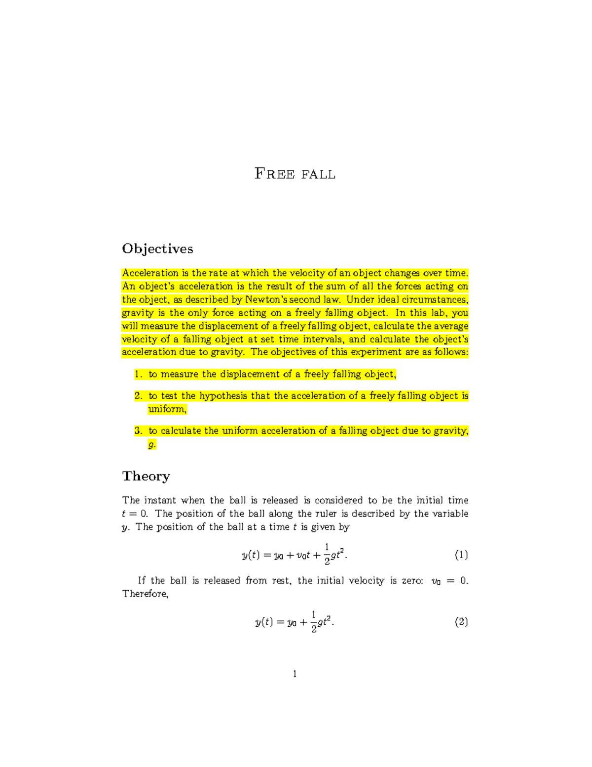 Sample 1 - FREE FALL LAB Report - Free fall Objectives Acceleration is ...