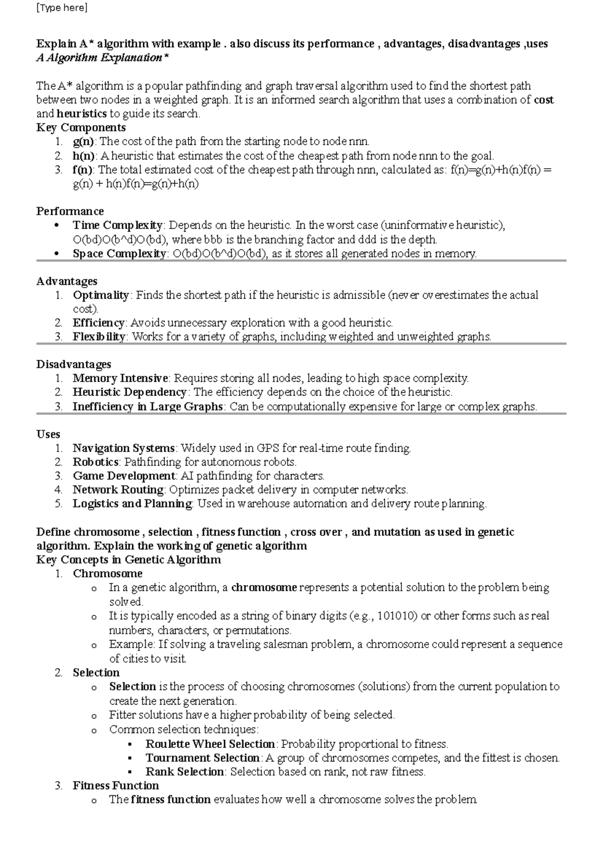 A* Algorithm and Genetic Algorithm Insights for CS101 Lecture Notes ...