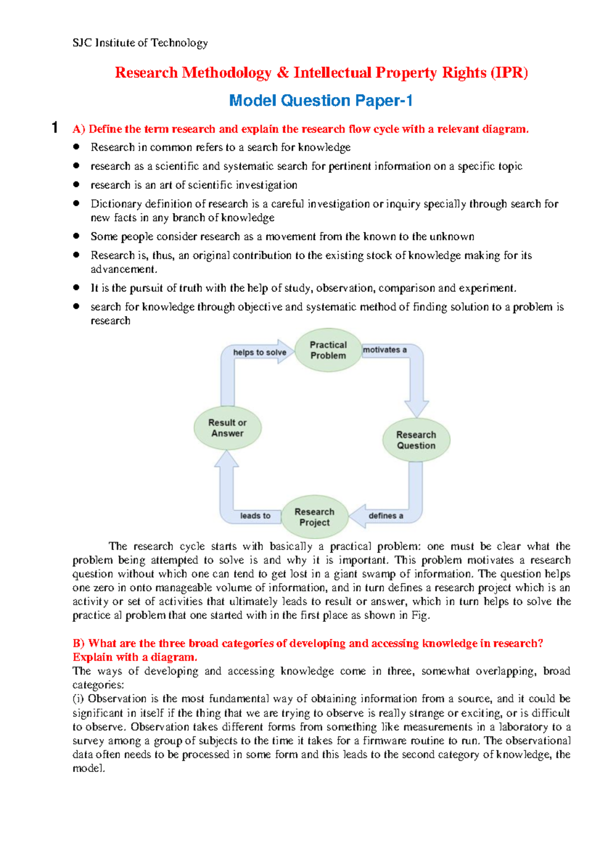 SJC Institute of Technology Research Methodology IPR Model Question ...