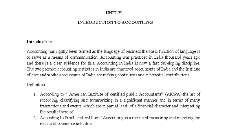 UNIT-4: Introduction to Accounting Concepts and Principles - Studocu