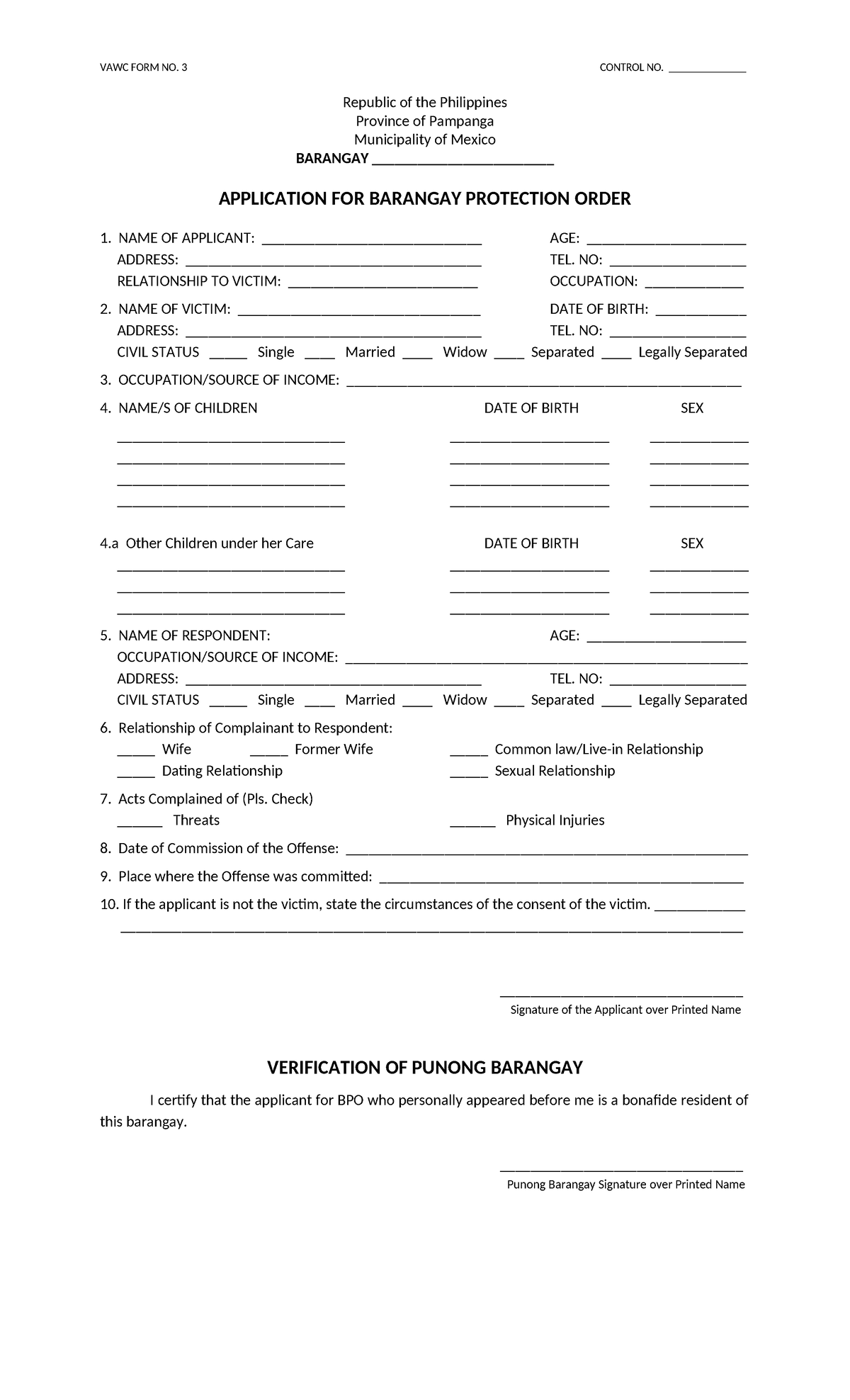 VAWC BPO Application Form 1 - VAWC FORM NO. 3 CONTROL NO ...