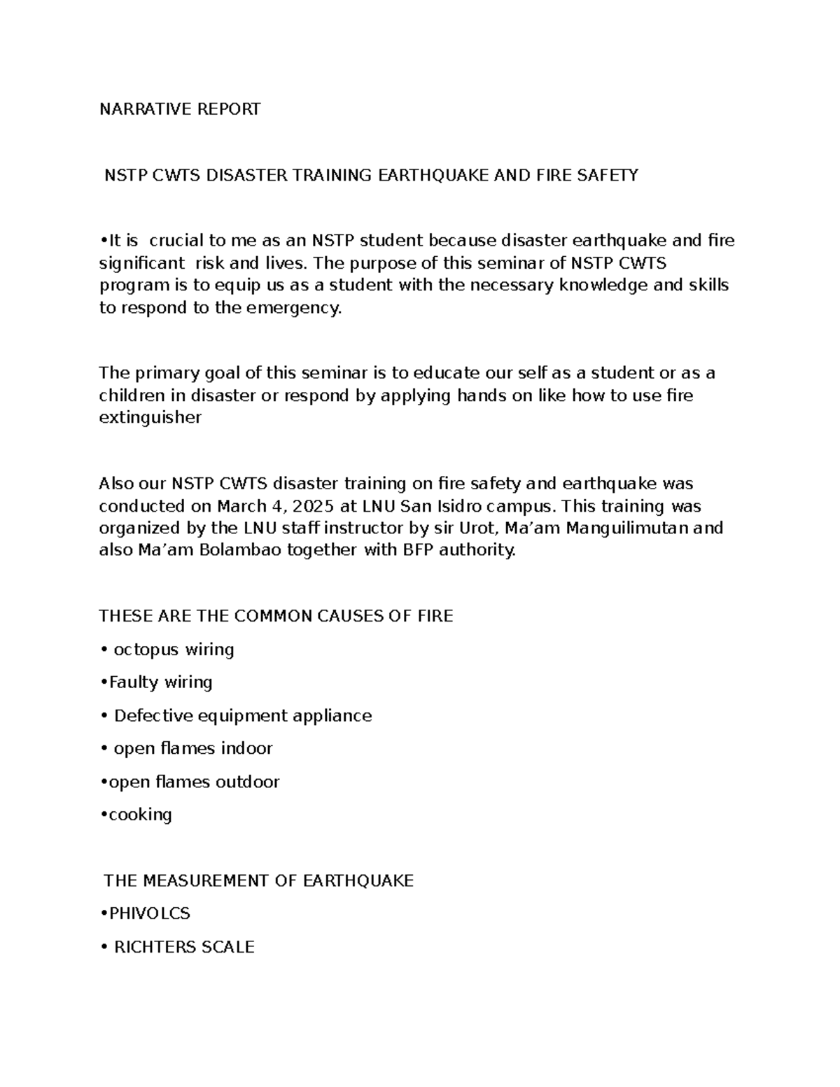 Reflection - NARRATIVE REPORT NSTP CWTS DISASTER TRAINING EARTHQUAKE ...