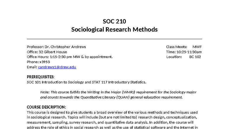 SOC 210 Syllabus: Sociological Research Methods Overview (Fall 2025) - Studocu