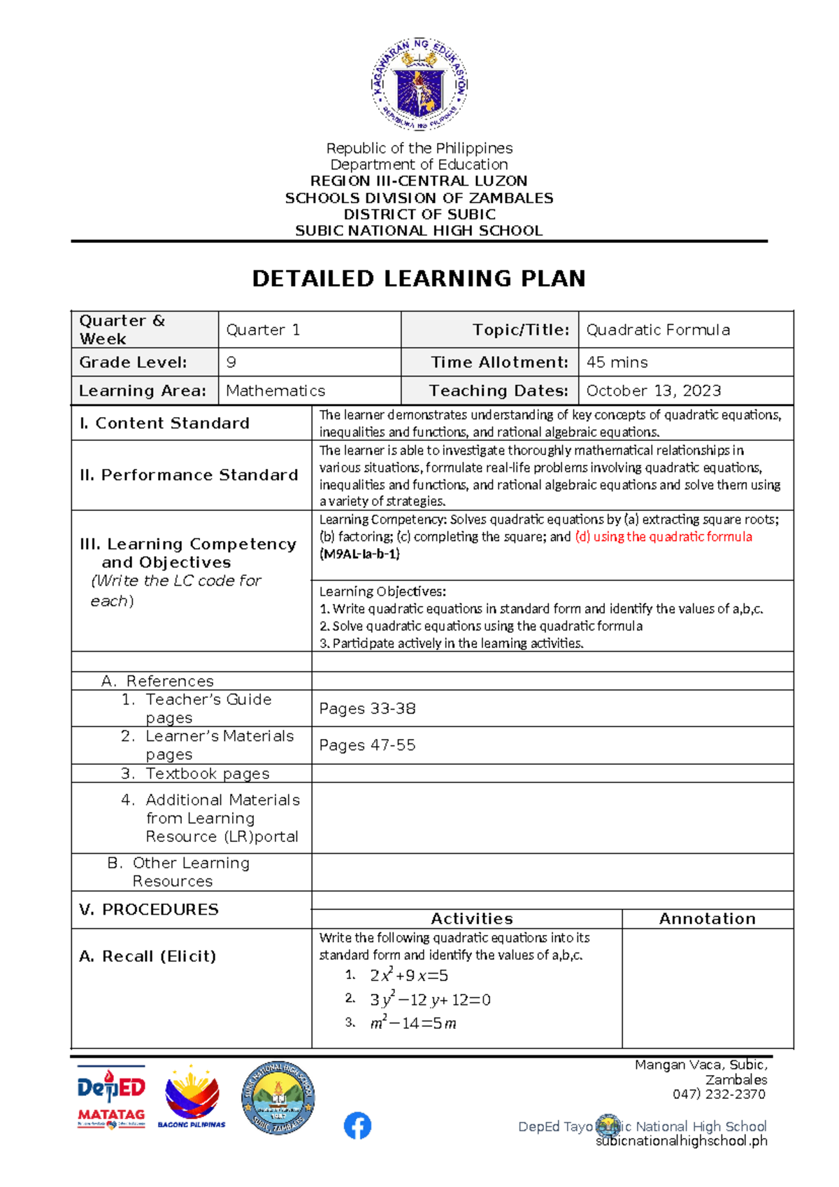 7E LESSON PLAN TEMPLATE IN ANY SUBJECT - Department of Education REGION ...