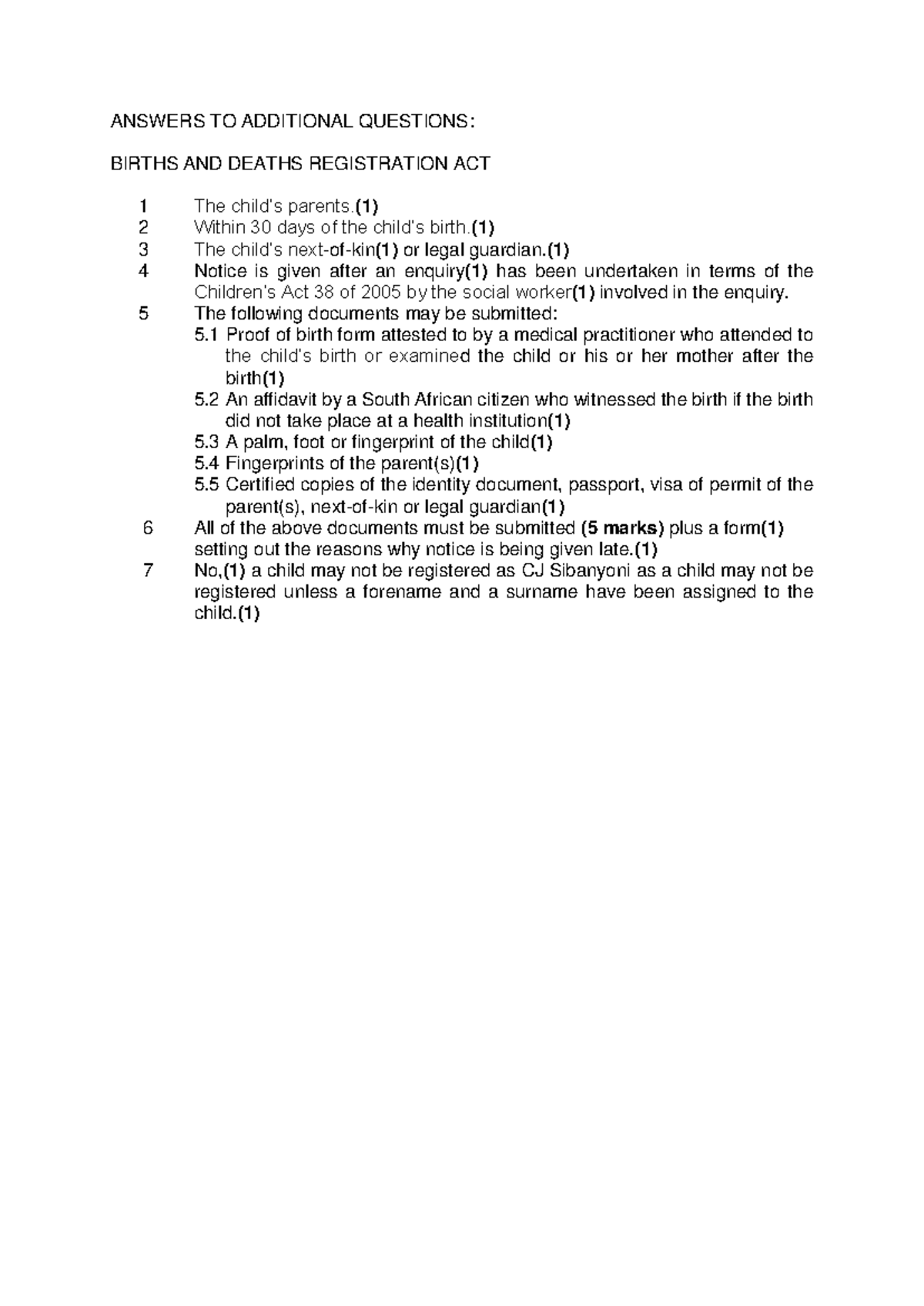 Answers to Additional Questions: Births and Deaths Registration Act ...