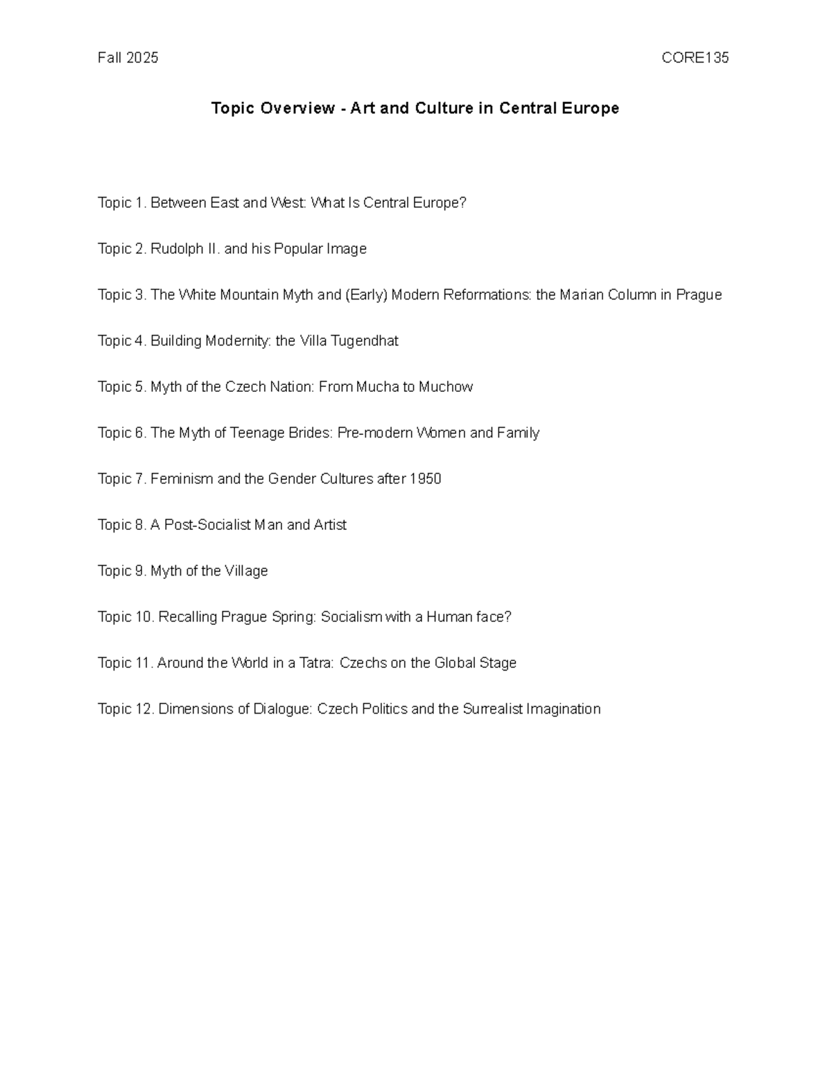 Fall 2025 CORE135: Art and Culture in Central Europe Overview - Studocu