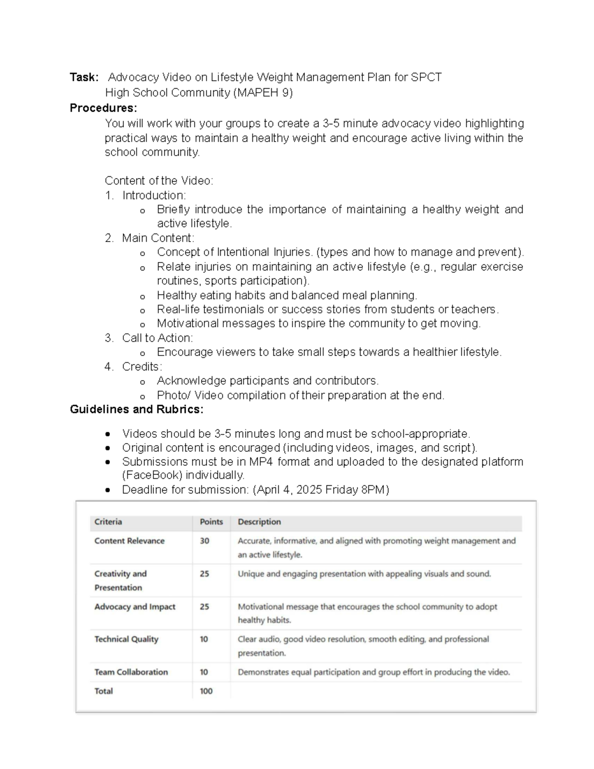 Mapeh-9-Q4-Task - rrrrrr - Task: Advocacy Video on Lifestyle Weight ...
