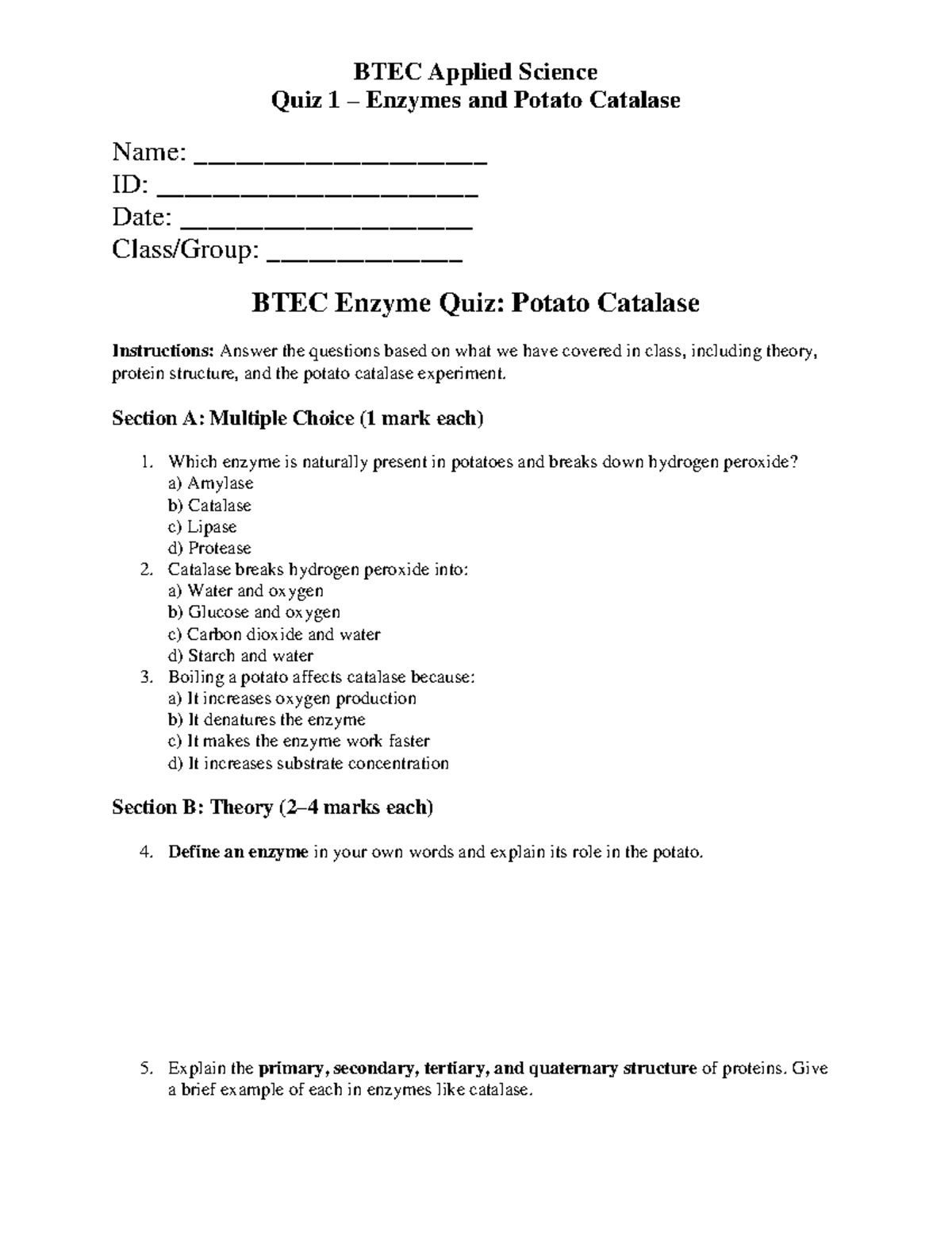 BTEC Applied Science Quiz 1: Enzymes & Potato Catalase Insights - Studocu
