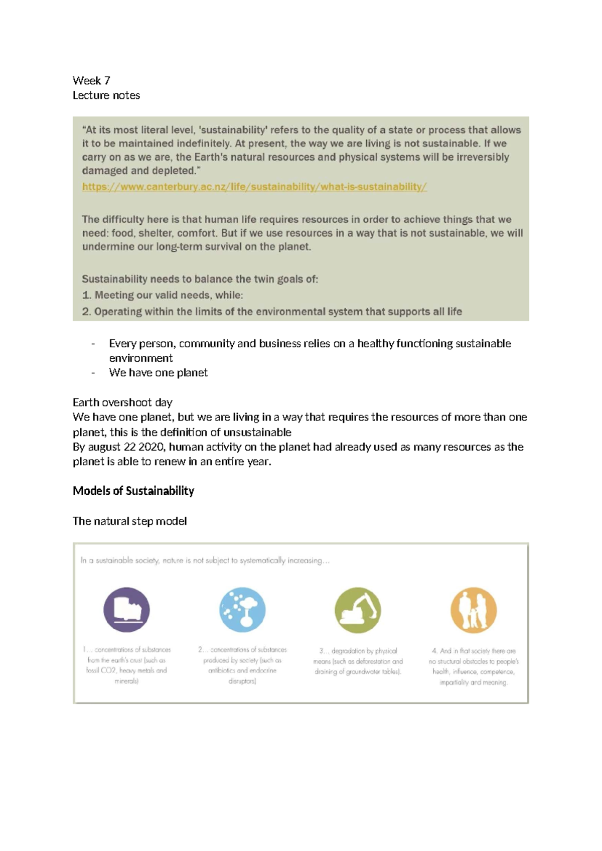 Week 7 Lecture Notes: Understanding Sustainability Models - Studocu