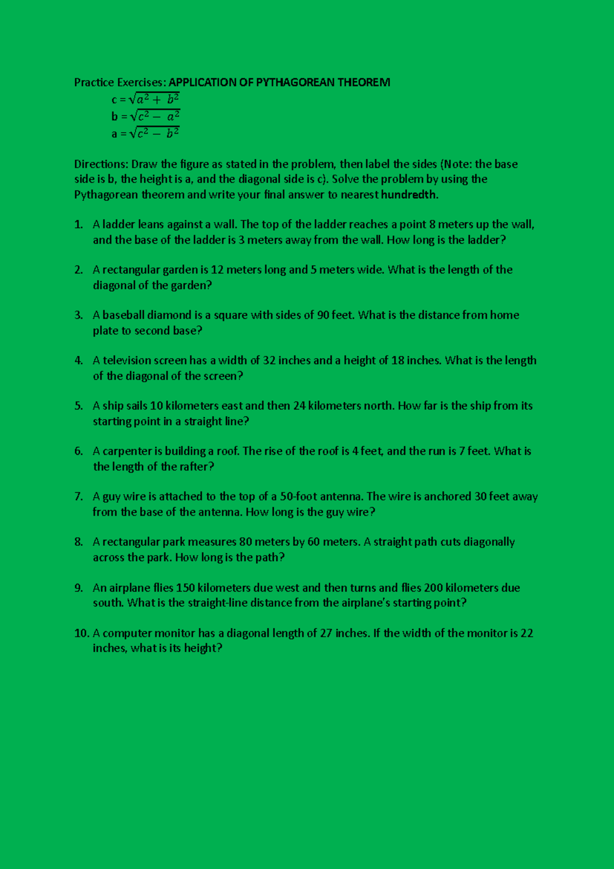 Practice Exercises: APPLICATION OF PYTHAGOREAN THEOREM - Studocu