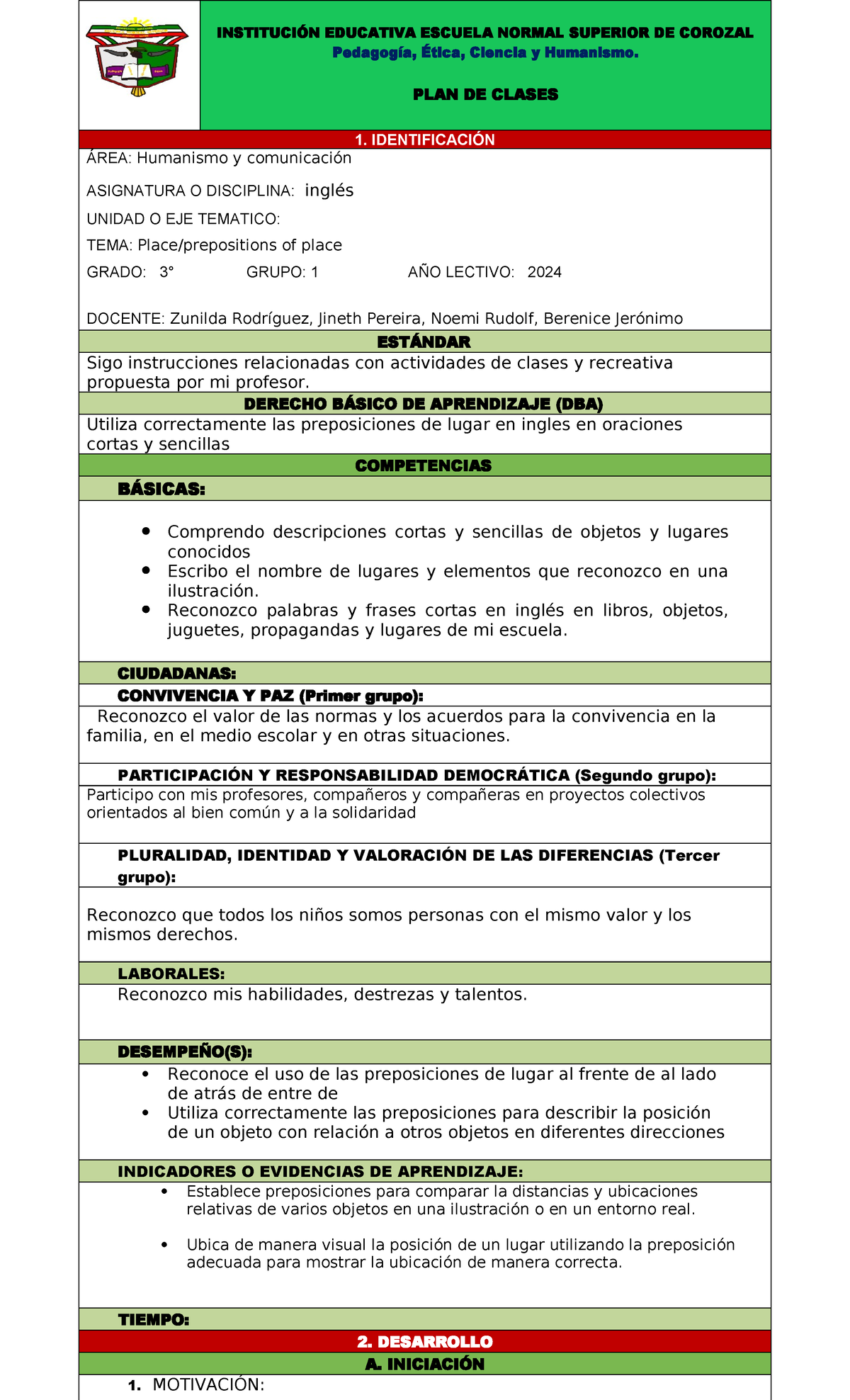 Plan de Clases de Inglés: Preposiciones de Lugar - Grado 3° 2024 - Studocu