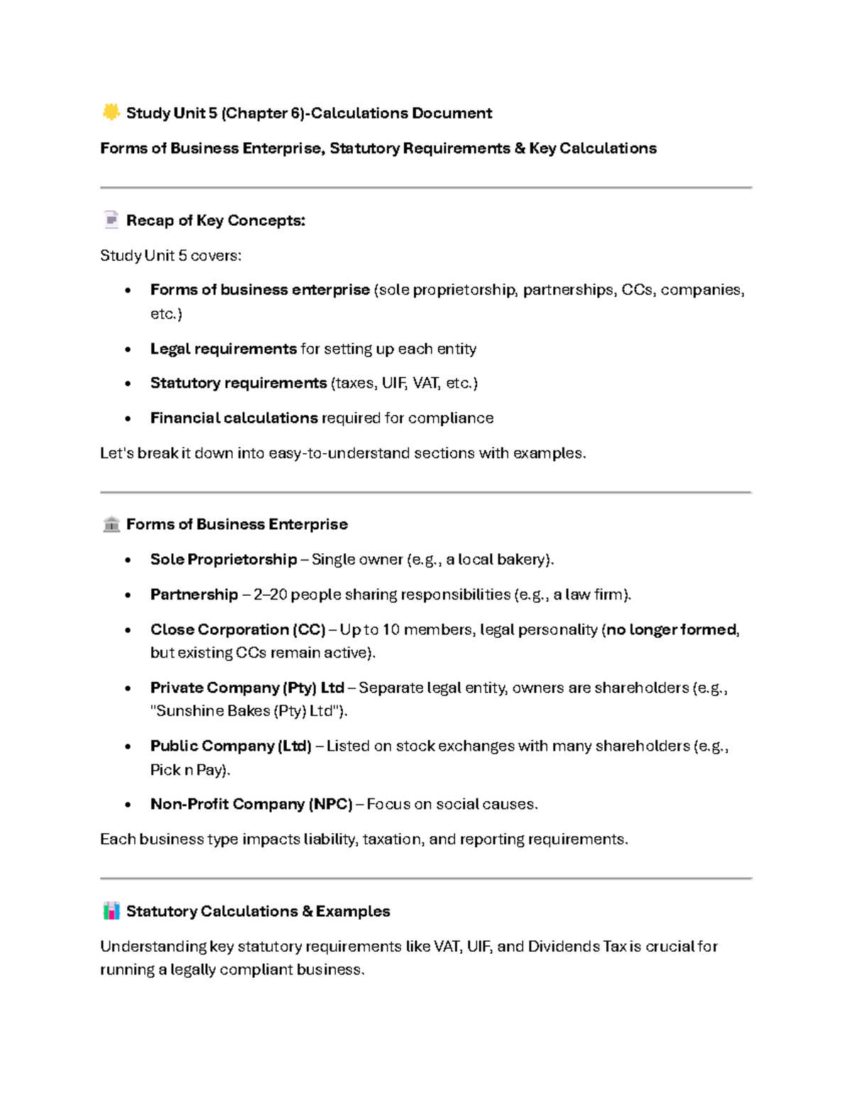 Study Unit 5: Forms of Business Enterprise & Statutory Calculations ...