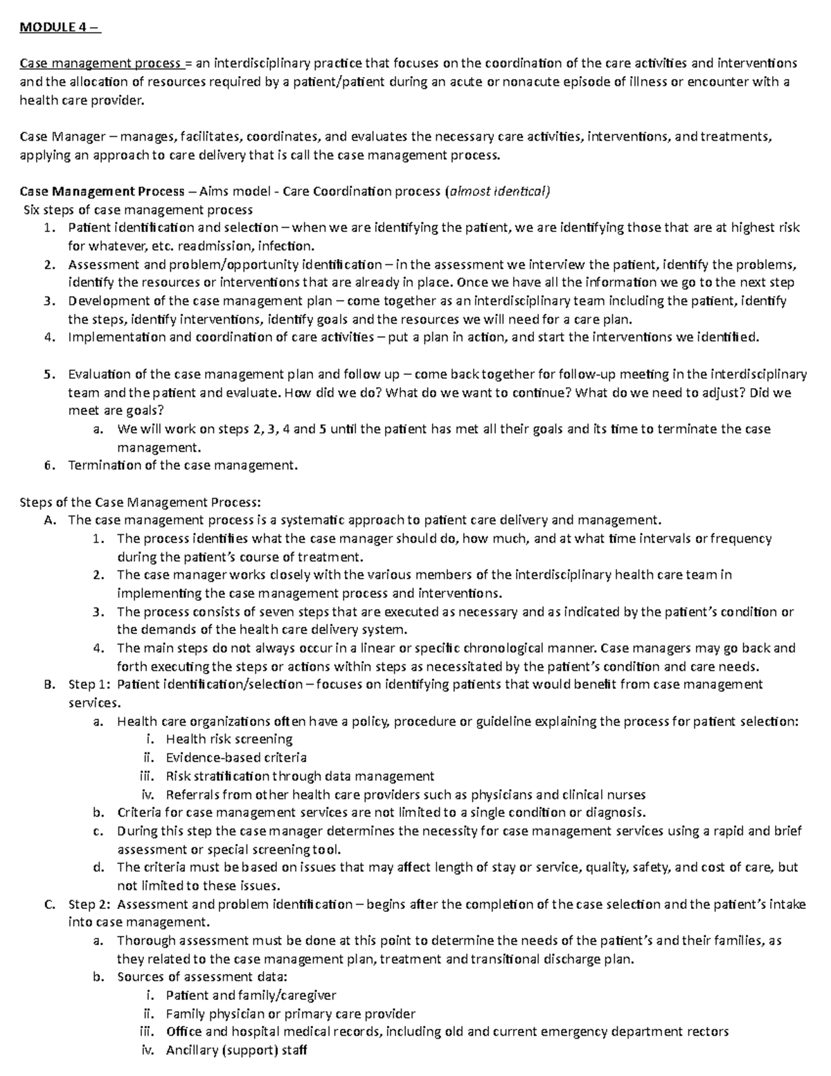 Module 4 - MODULE 4 – Case management process = an interdisciplinary ...