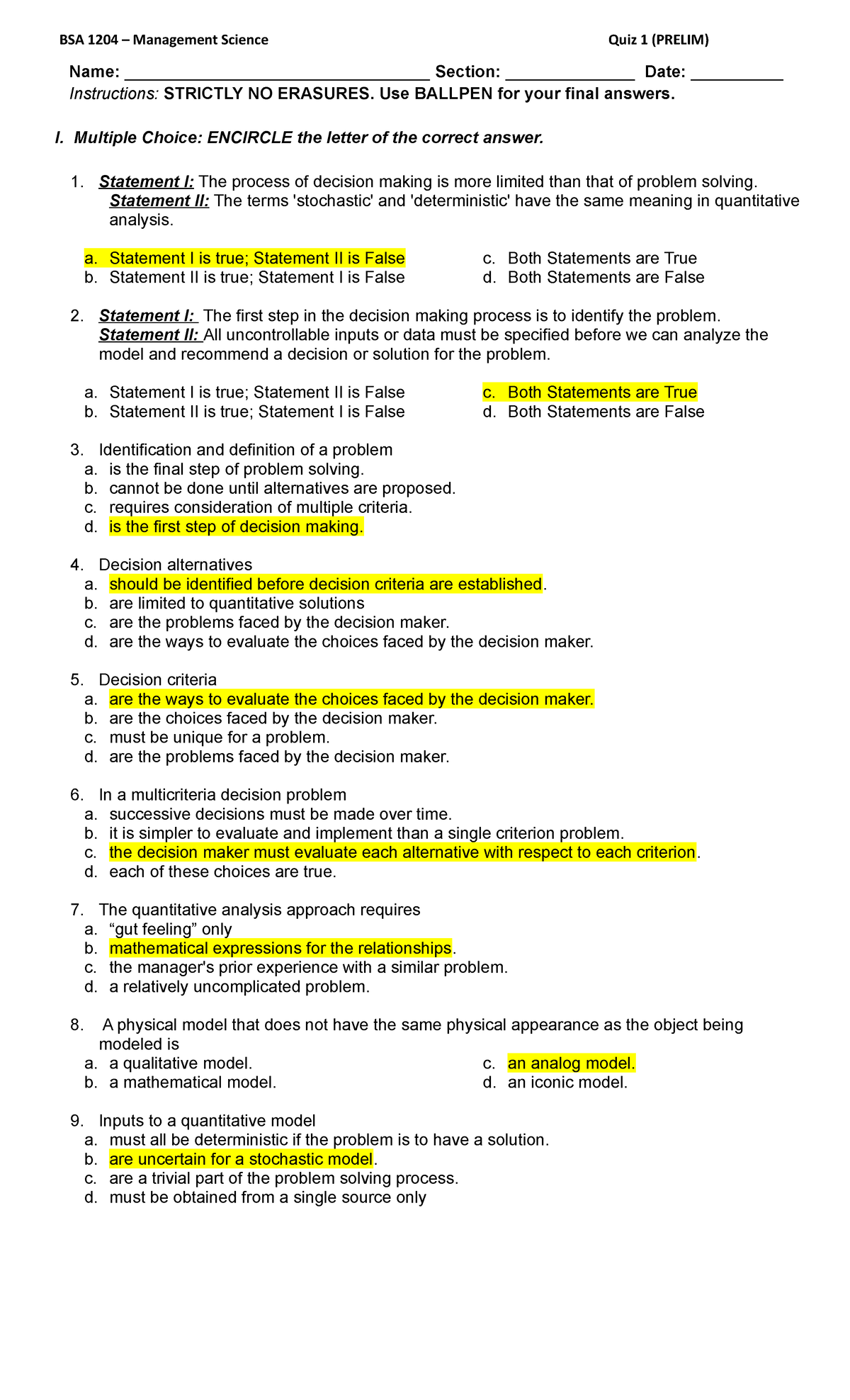 Quiz 1 Prelim Q&A - BSA 1204 – Management Science Quiz 1 (PRELIM) Name ...