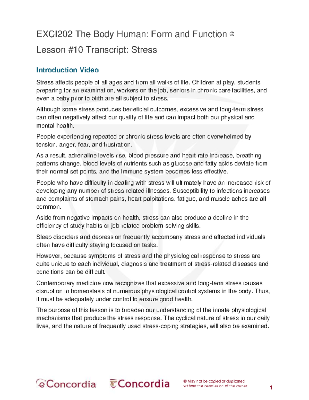 EXCI202 The Body Human: Form and Function Quiz 5 on Stress Response ...