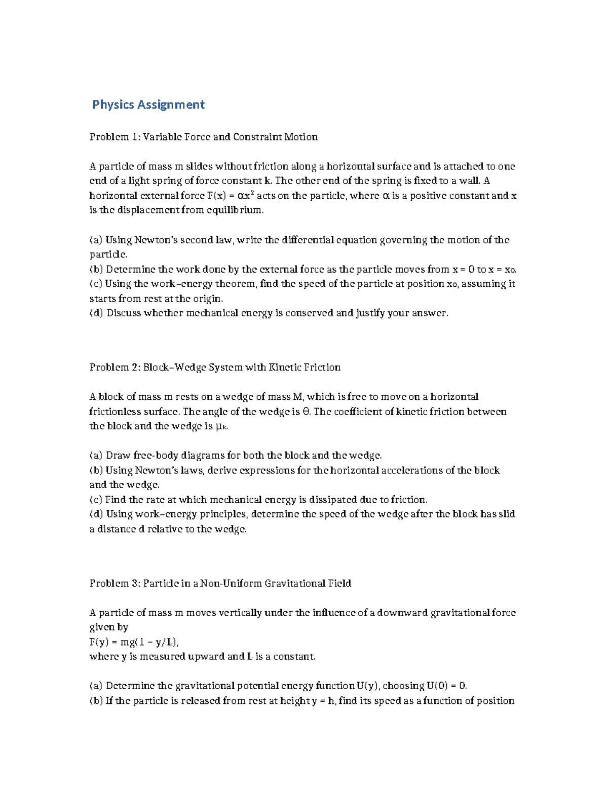 Physics Assignment: Variable Force & Motion Analysis - Studocu