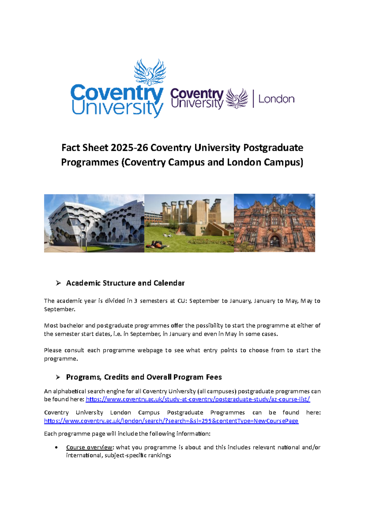 Coventry University Postgraduate Fact Sheet 2025-26 for CU Campuses ...