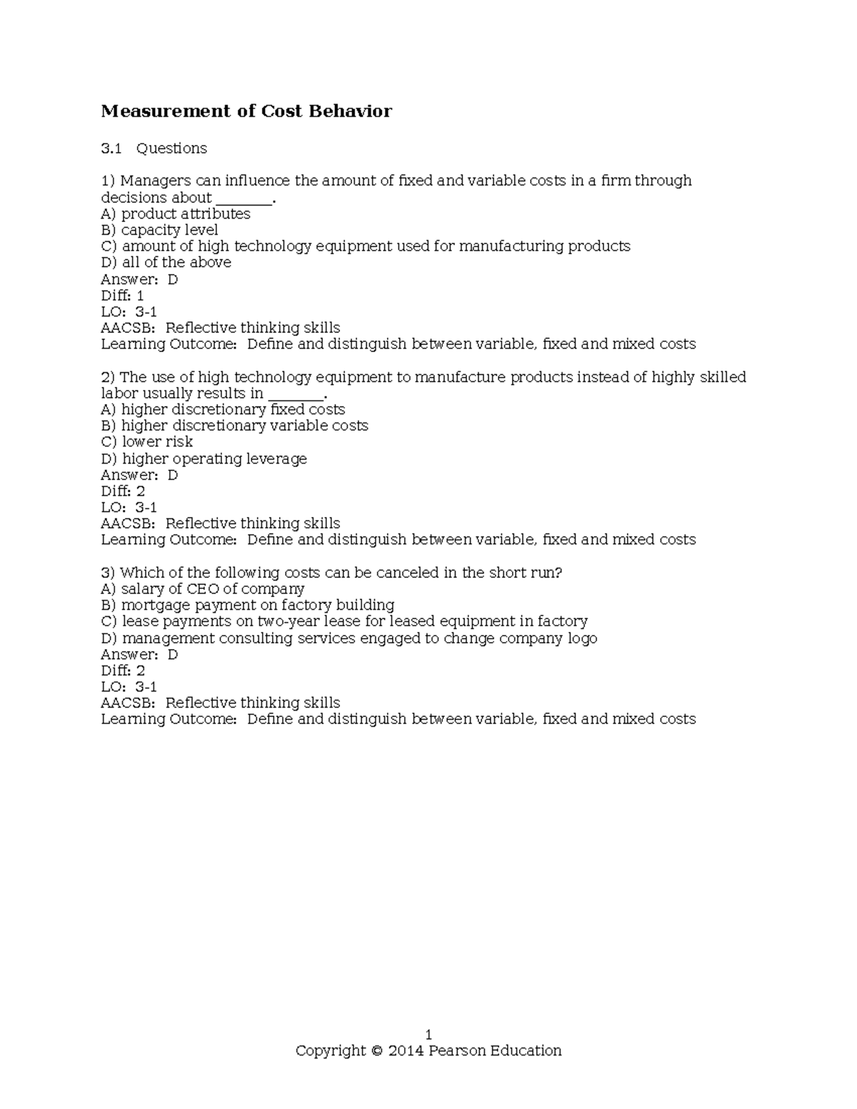 Measurement of Cost Behavior: Key Concepts and Questions - Studocu
