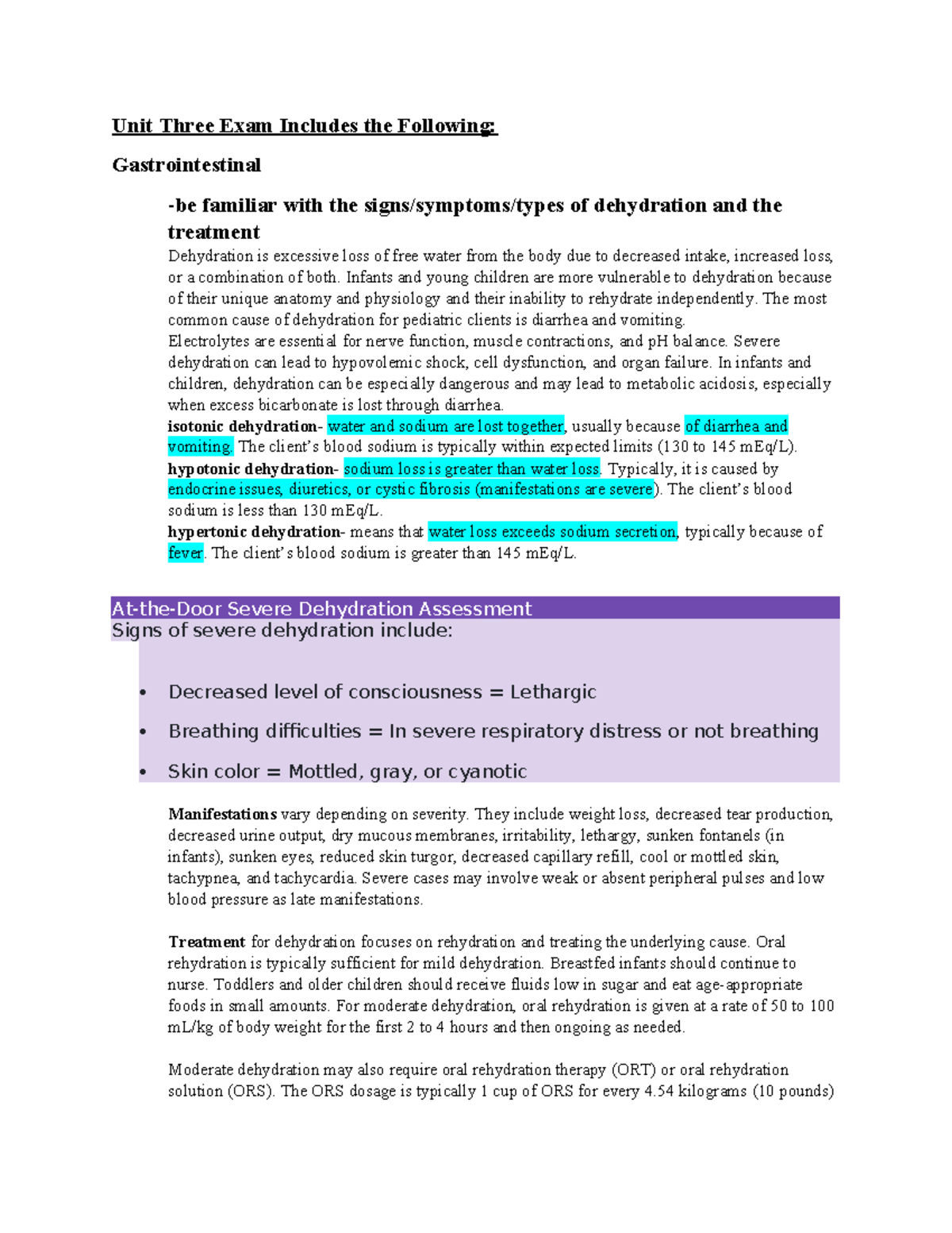 Unit 3 Exam Tips: Understanding Pediatric Dehydration and Care - Studocu