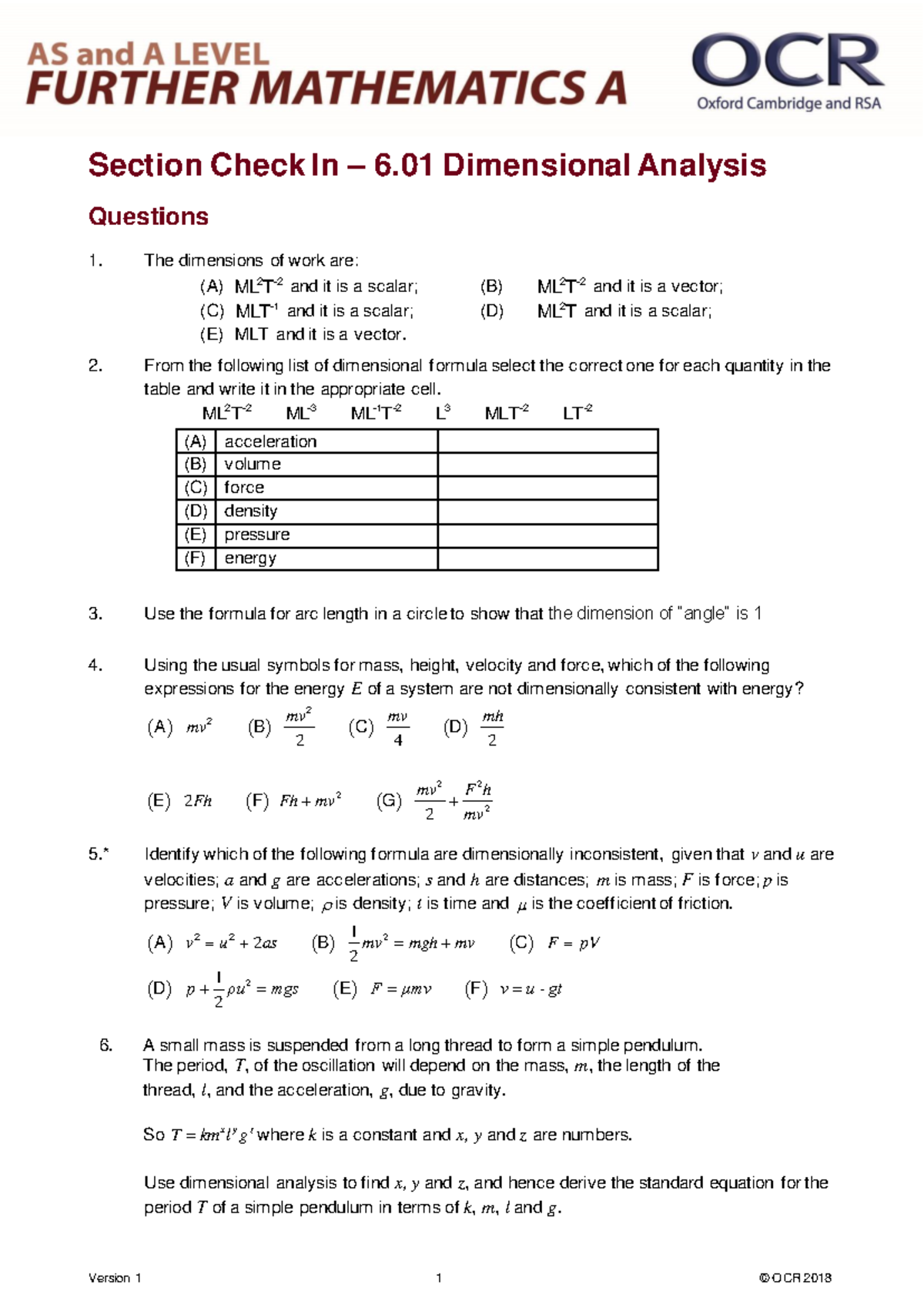 OCR Dimensional Analysis Check In Test: Questions & Solutions - Studocu