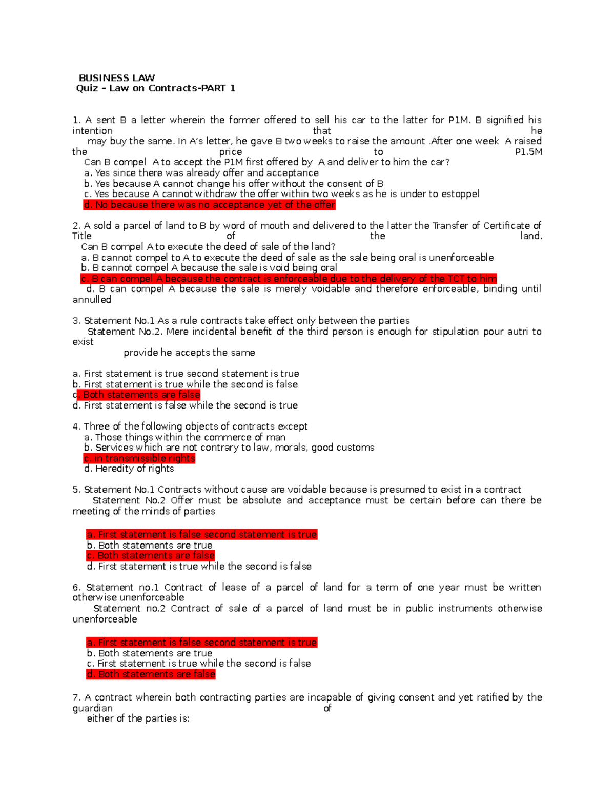 LAW ON Sales - BUSINESS LAW Quiz – Law on Contracts-PART 1 A sent B a ...