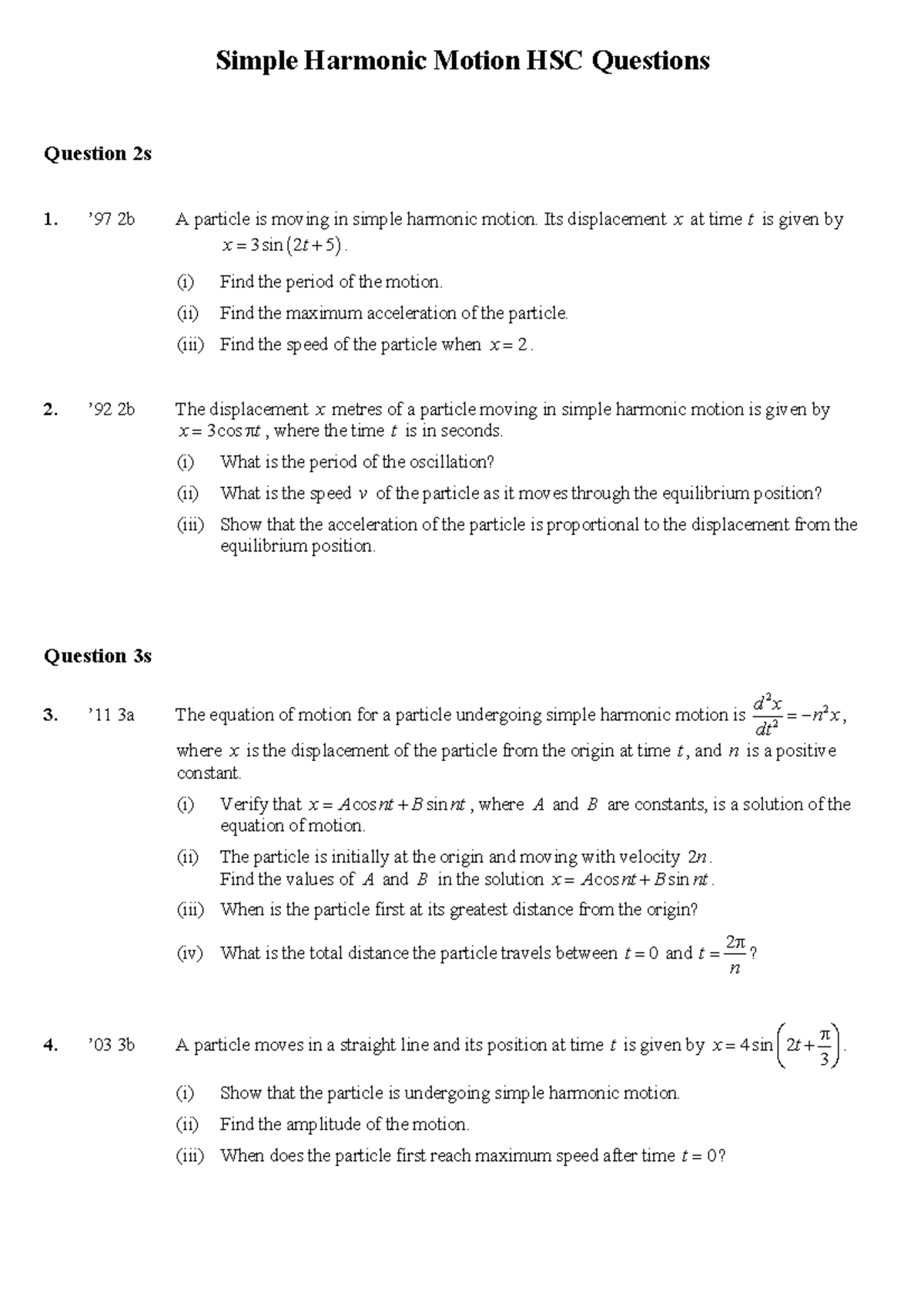 9C - Applications of Calculus - Simple Harmonic Motion Practice Questions - Studocu
