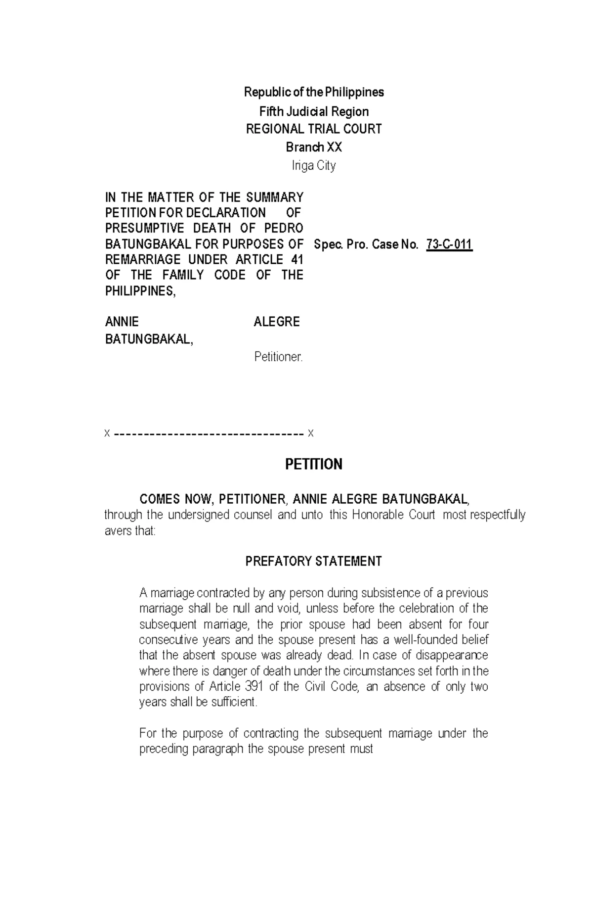 Faserrano Petition for Presumptive Death - Republic of the Philippines ...