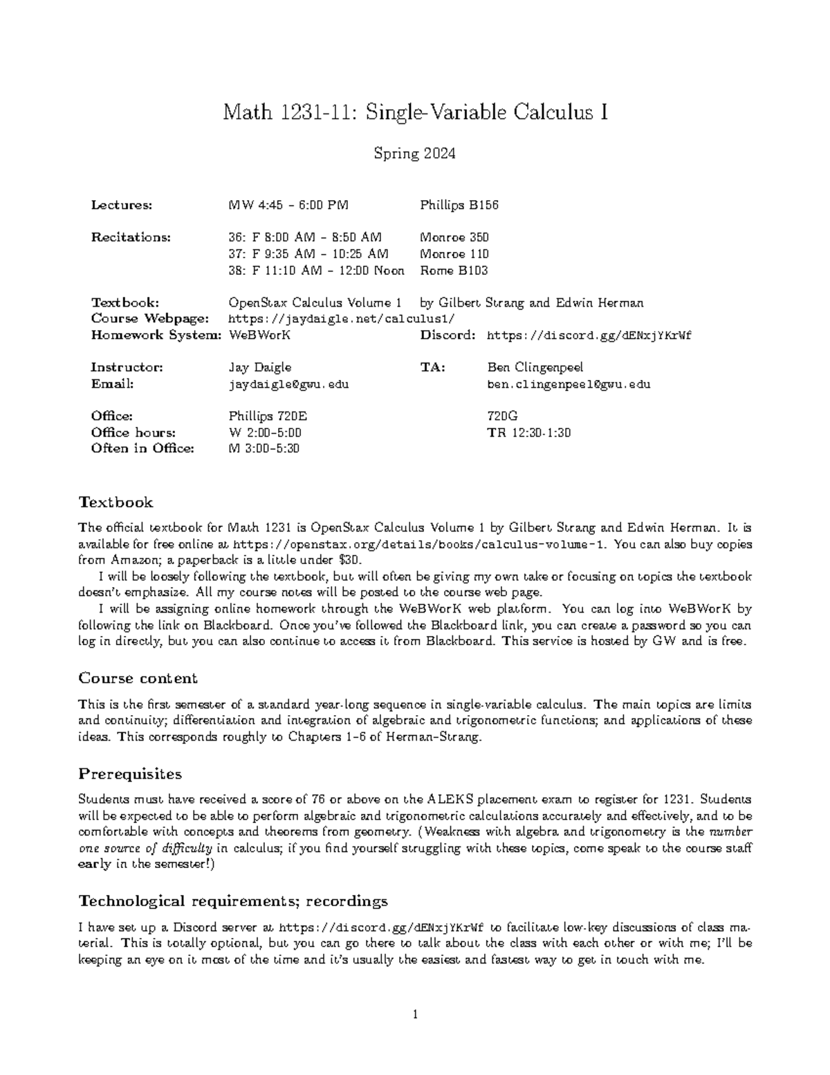 MATH 1231 Spring 2024 Calculus I Syllabus and Course Overview - Studocu