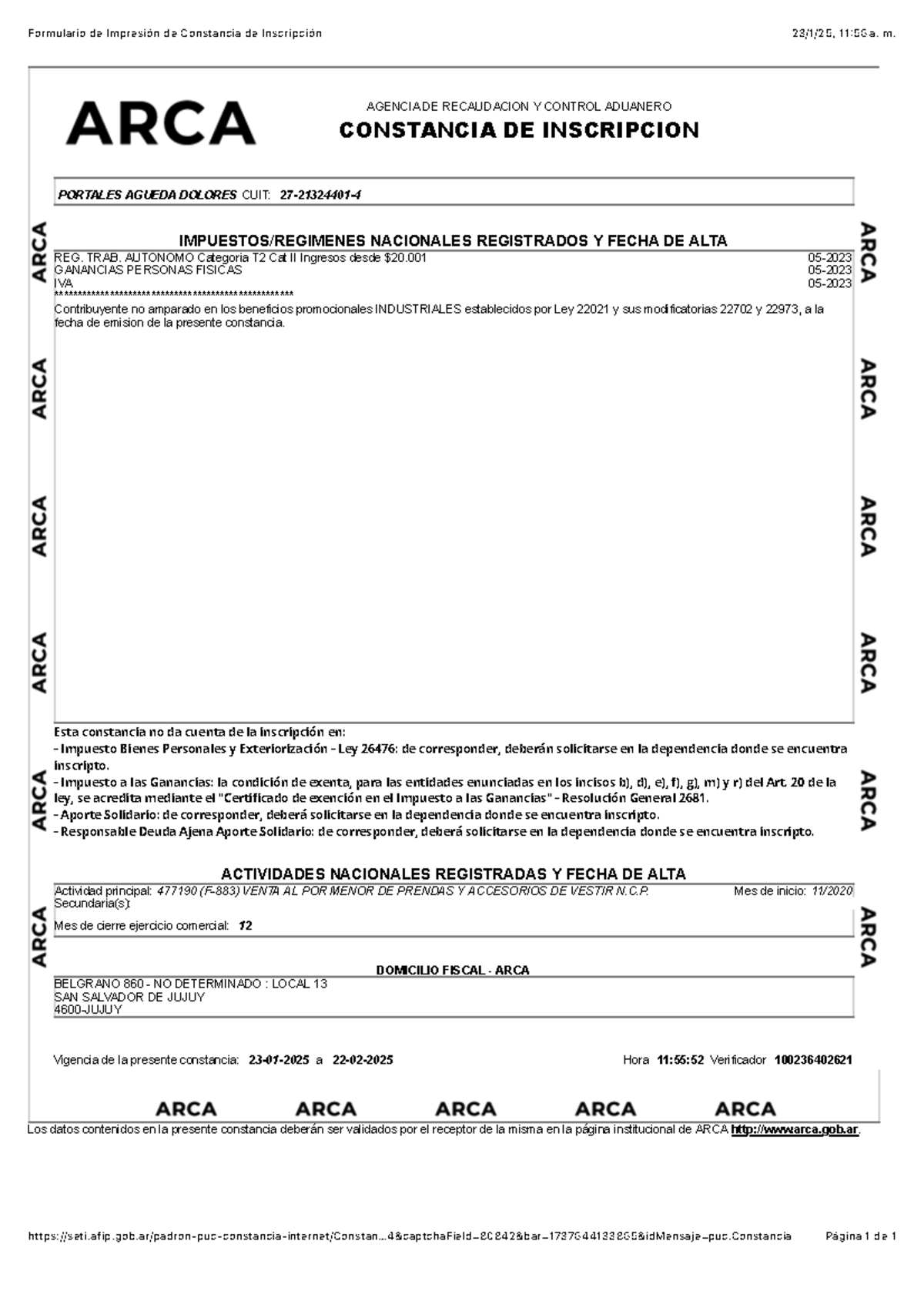 Constancia de Inscripción y Actividades Nacionales - CI ARCA 01 2025 - Studocu