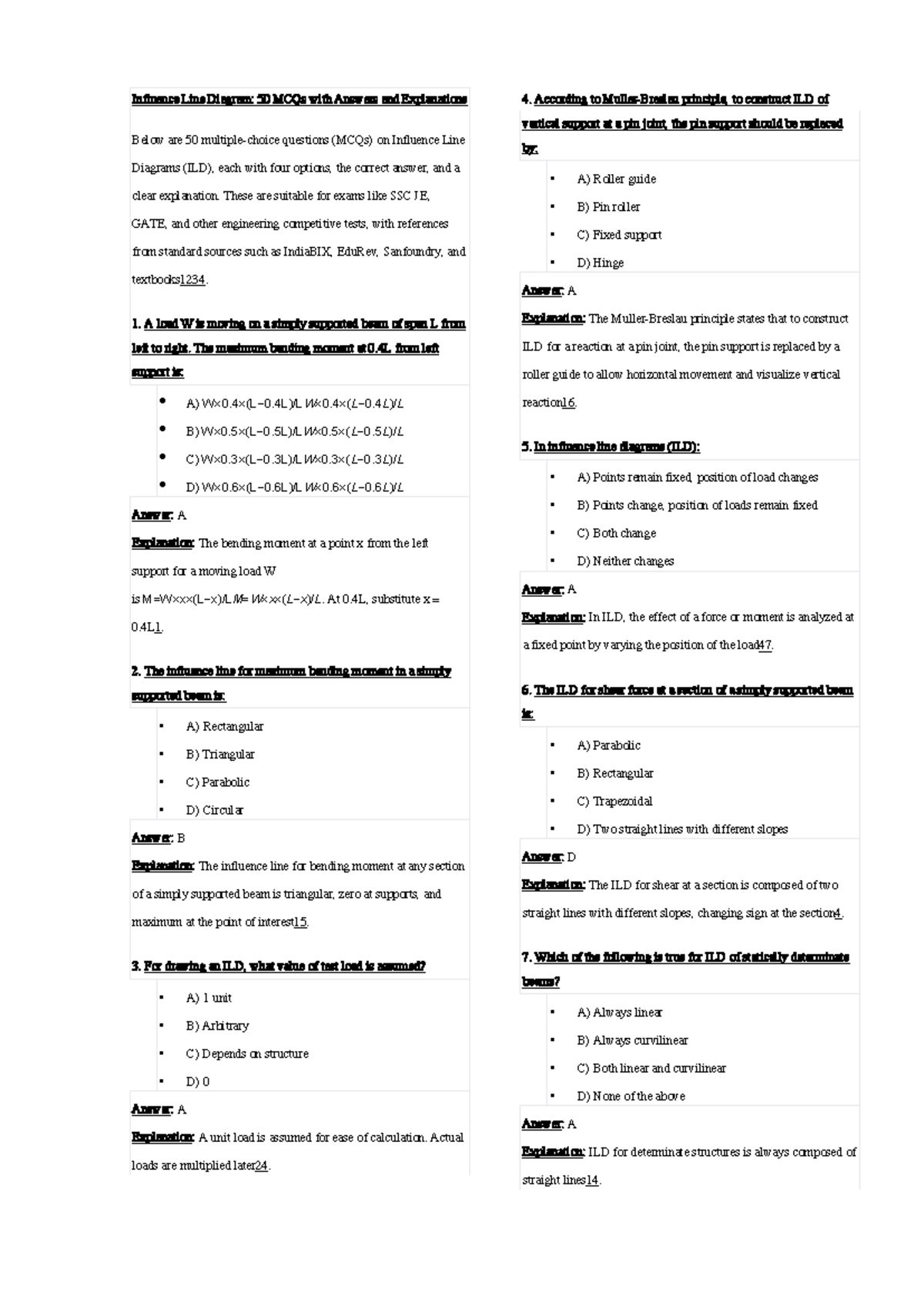 Influence Line Diagrams: 50 MCQs with Answers for SSC JE & GATE - Studocu