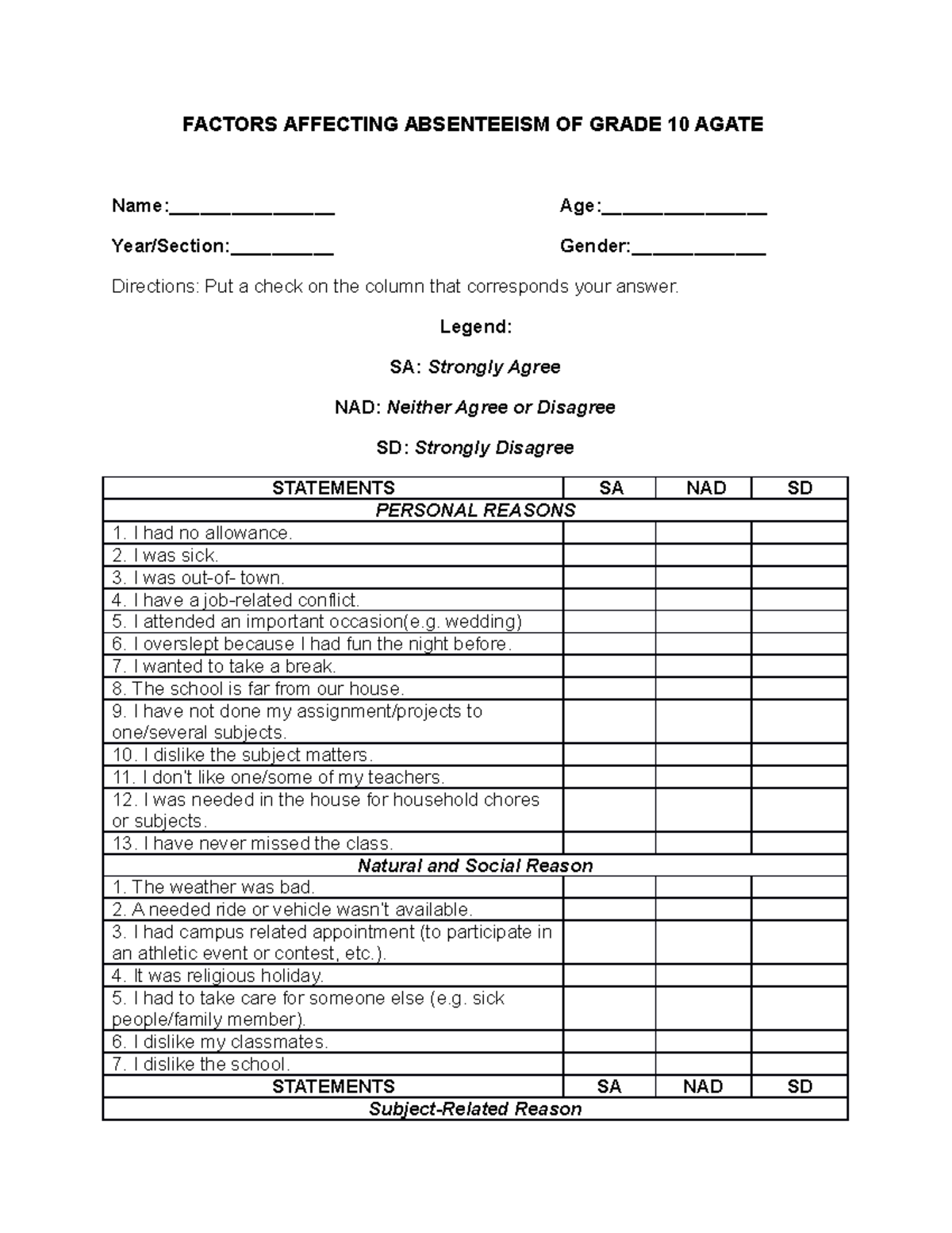Questionnaire on Factors Affecting Grade 10 Agate Absenteeism - Studocu