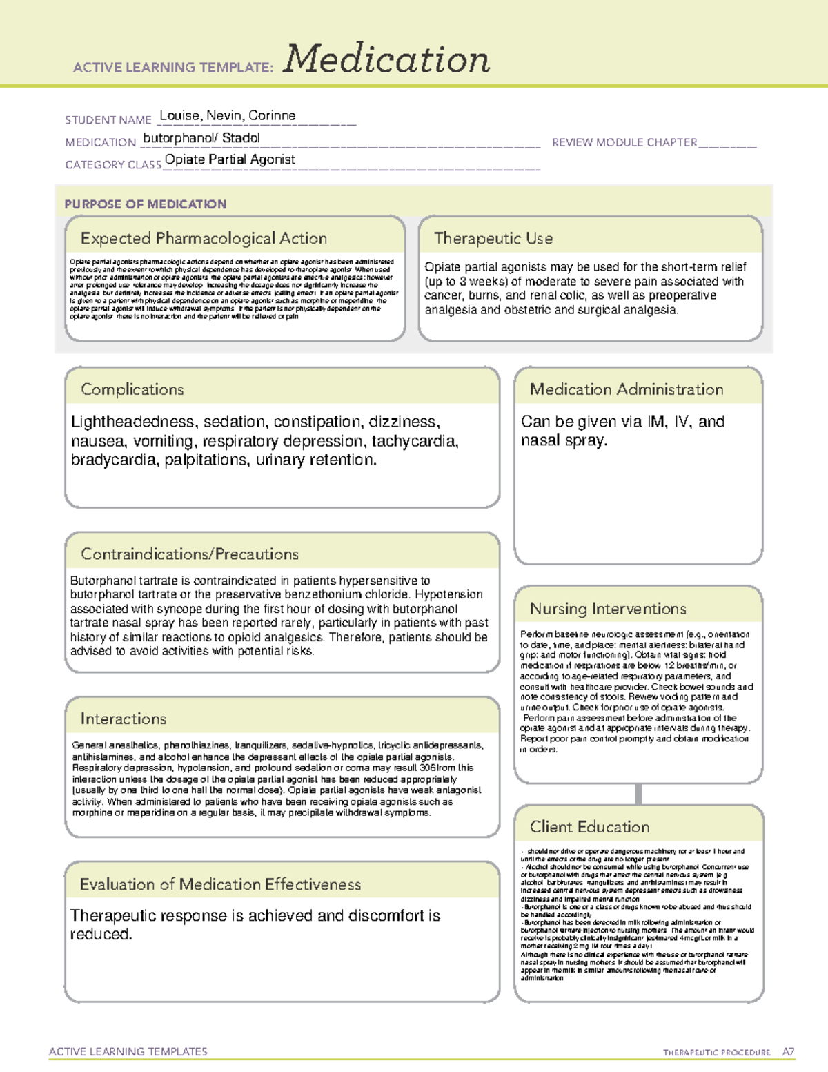 Butorphanol (Stadol) - Active Learning Template for Medications - Studocu