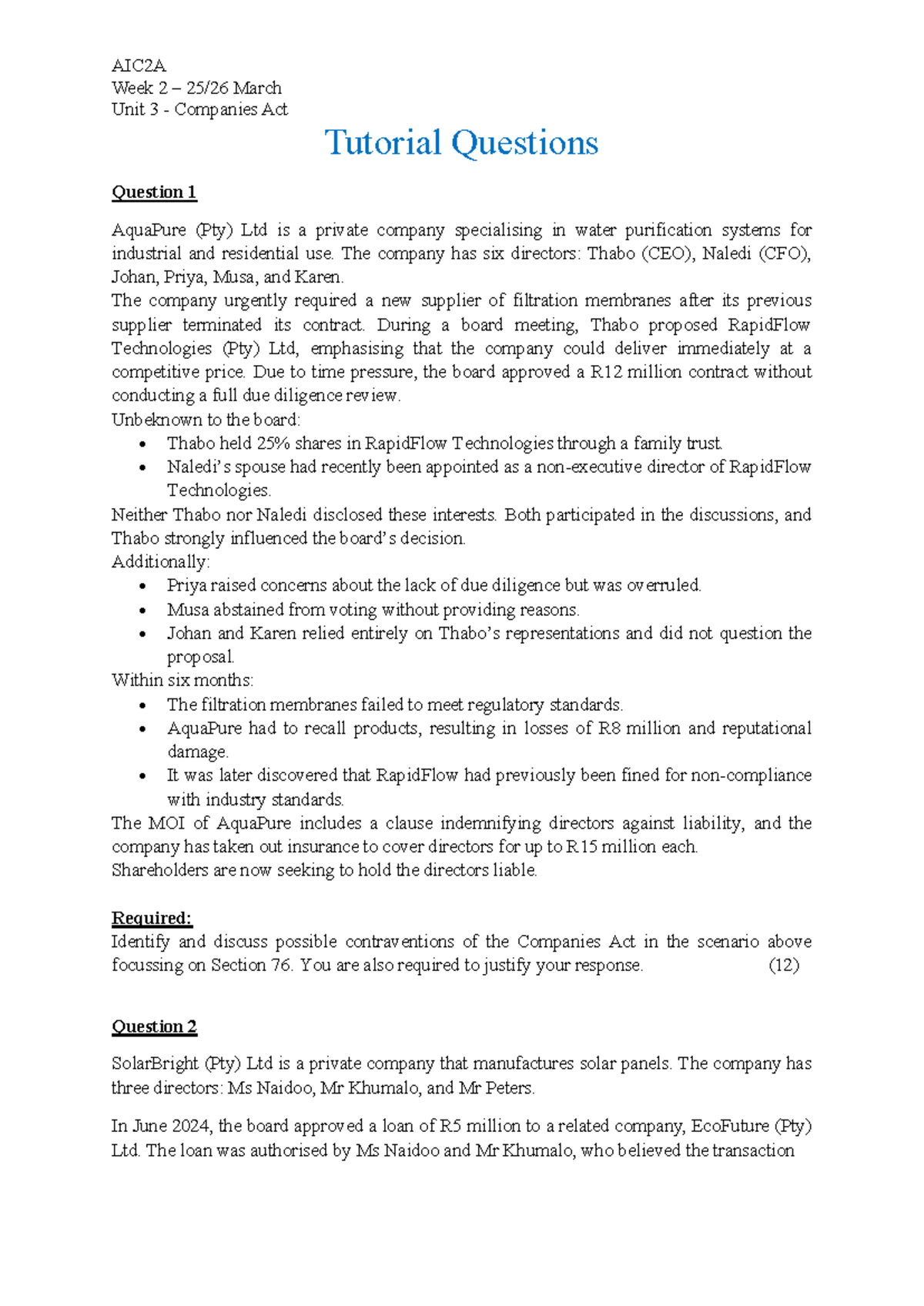 AIC2A Week 2 Tutorial: Companies Act Case Study Analysis - Studocu