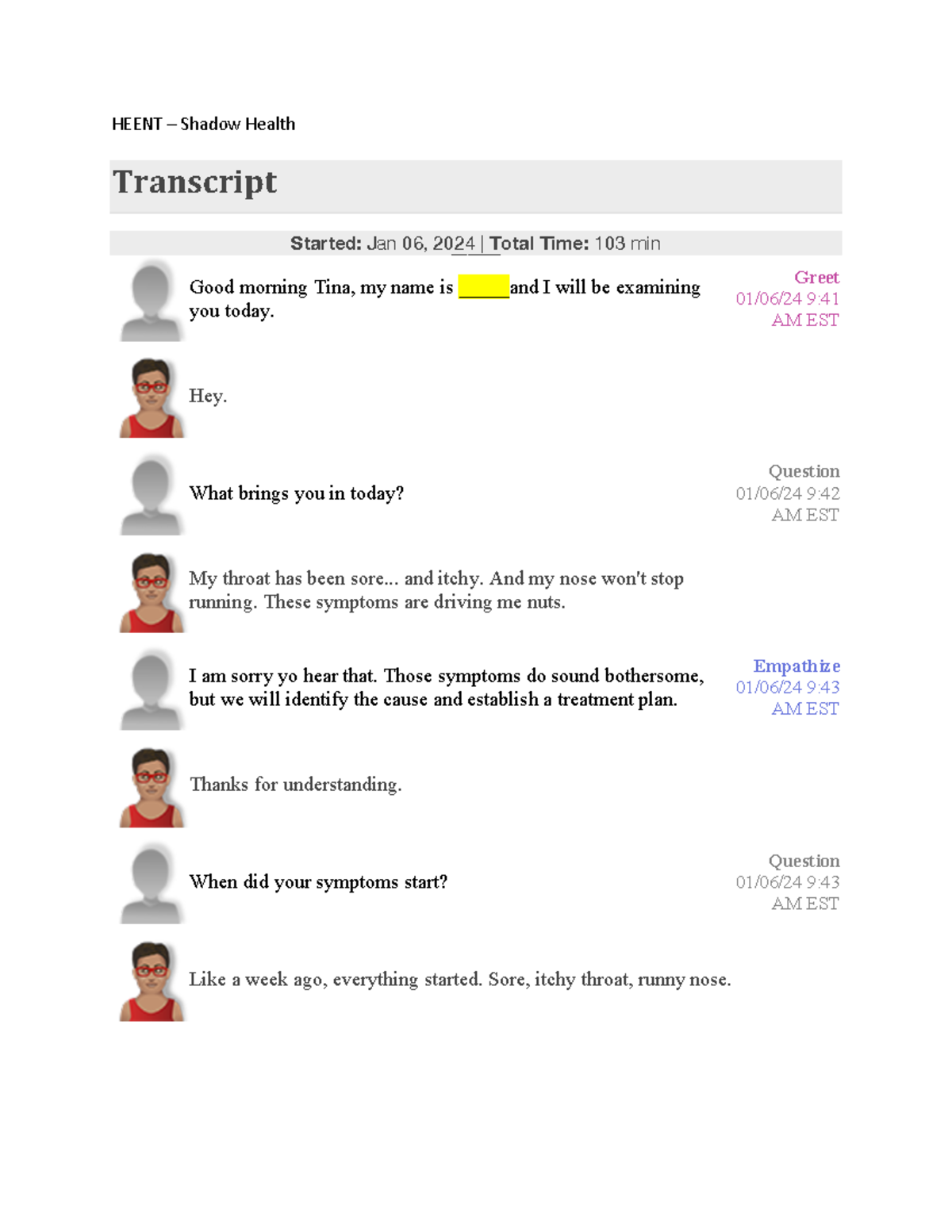HEENT Exam Study - Shadow Health Transcript (Jan 2024) - Studocu